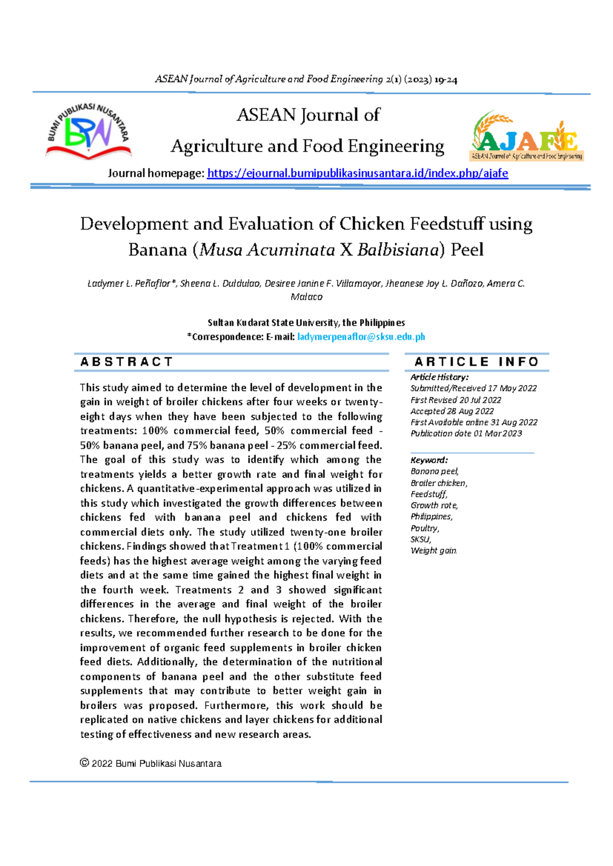 Development and Evaluation of Chicken Feedstuff: Banana Peel vs ...