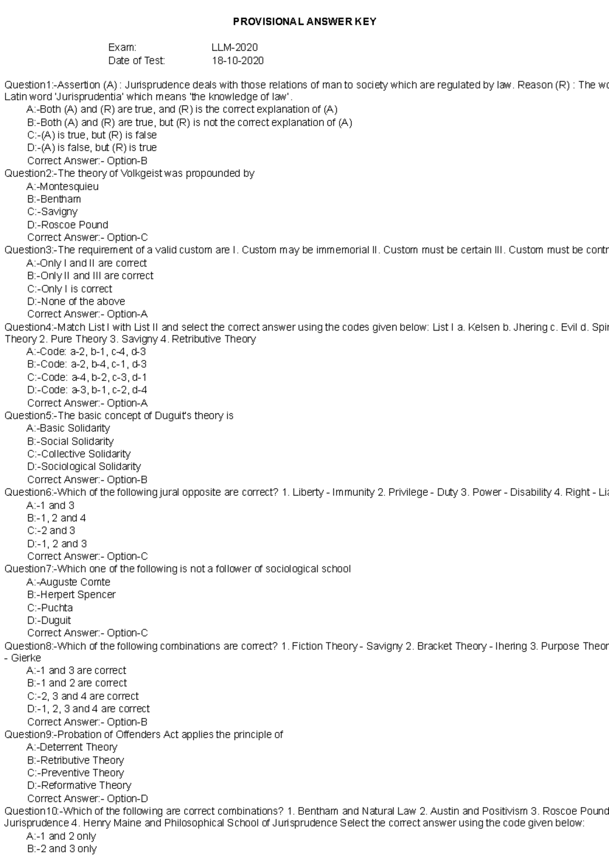 Llm 2020 - question paper - PROVISIONAL ANSWER KEY Exam: LLM- Date of ...