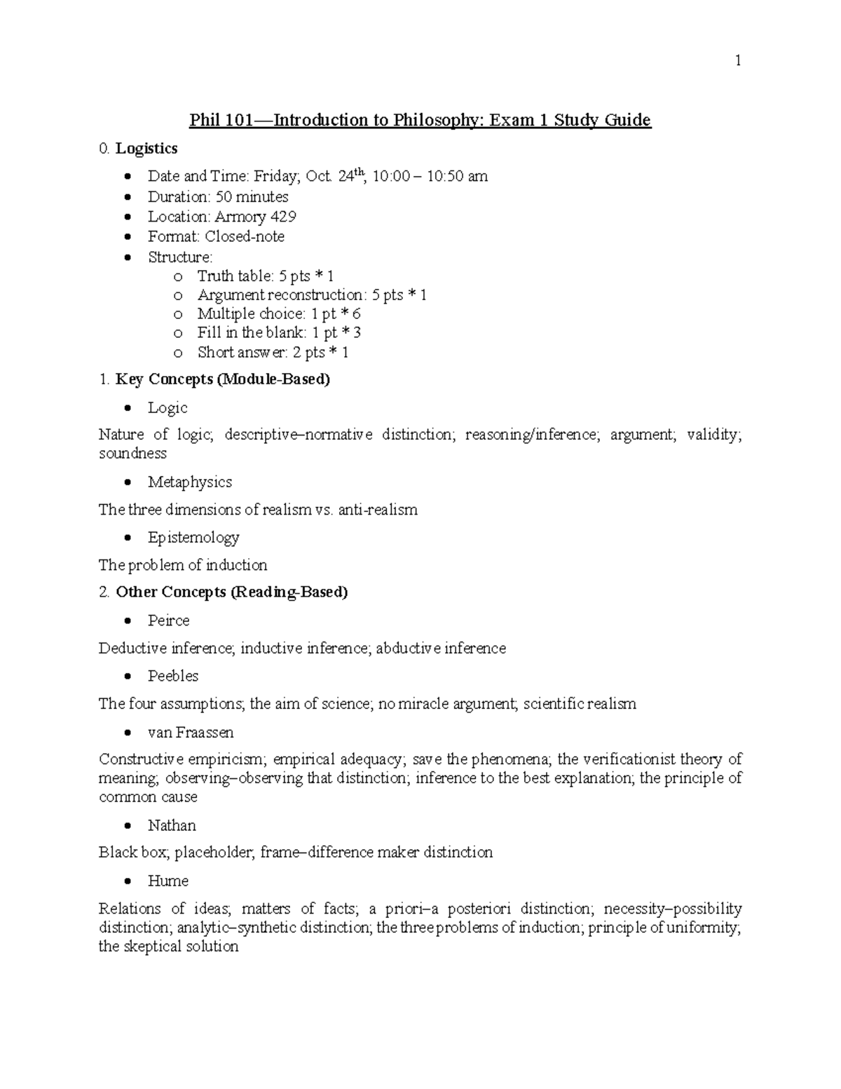 PHIL 101: Intro to Philosophy Exam 1 Study Guide & Mock Questions - Studocu