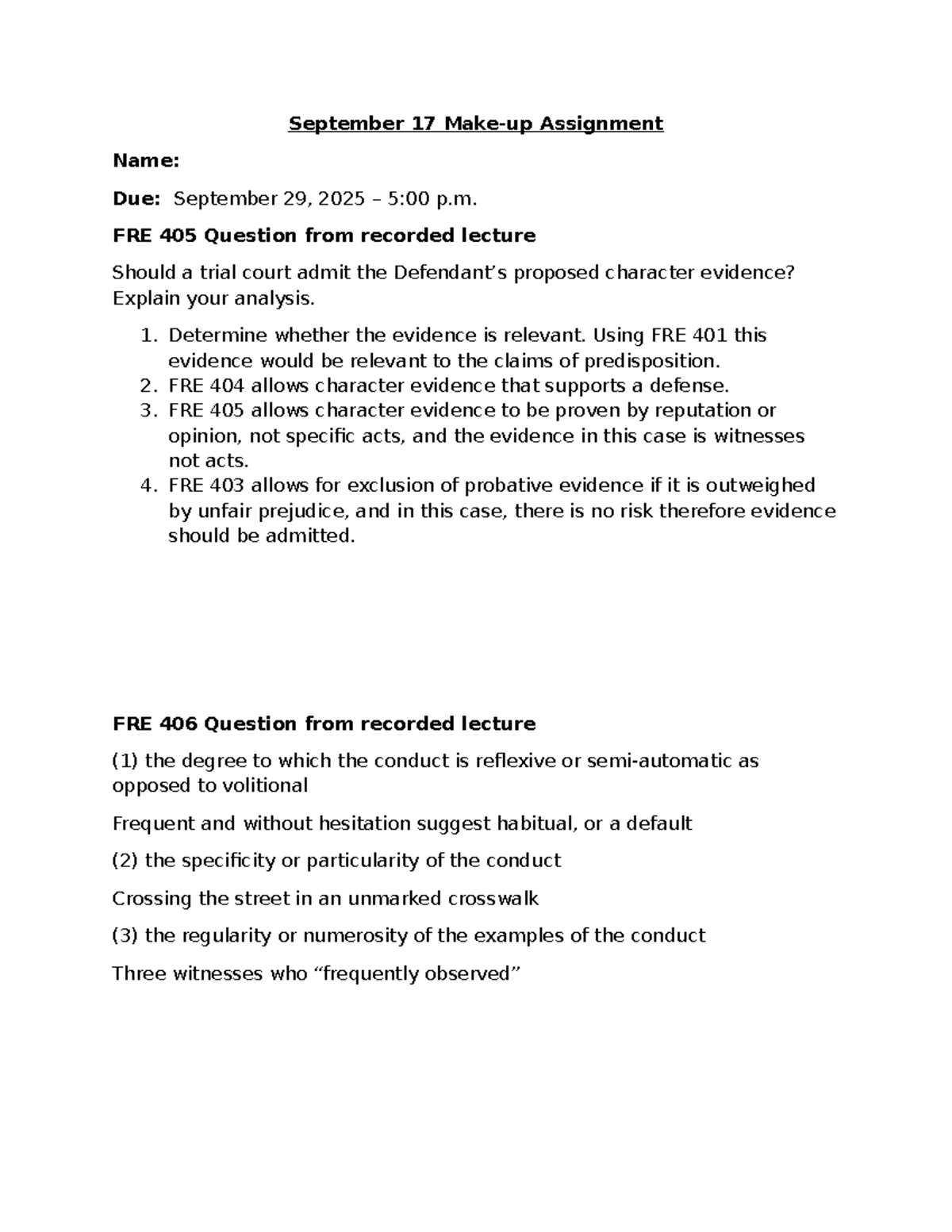 FRE 405 September 17 Make-up Assignment: Character Evidence Analysis ...