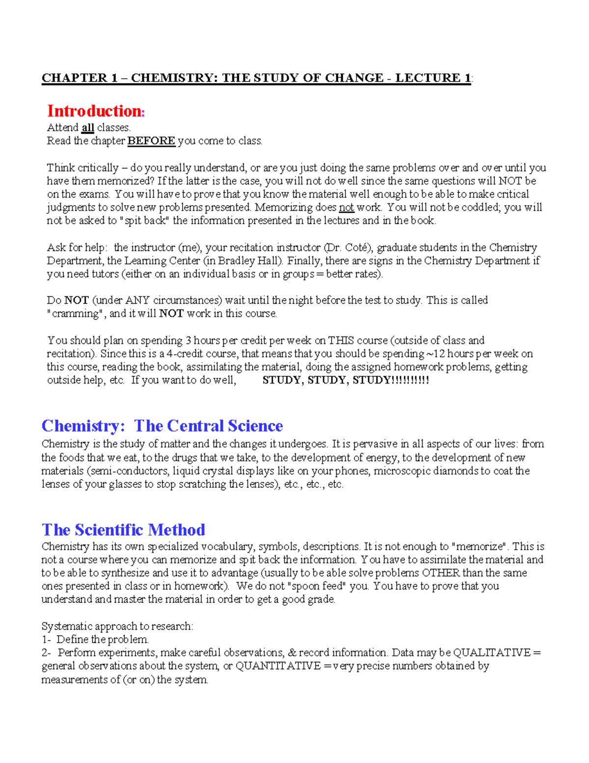 CHEM 101: Chapter 1 - Intro to Chemistry & Scientific Method - Studocu