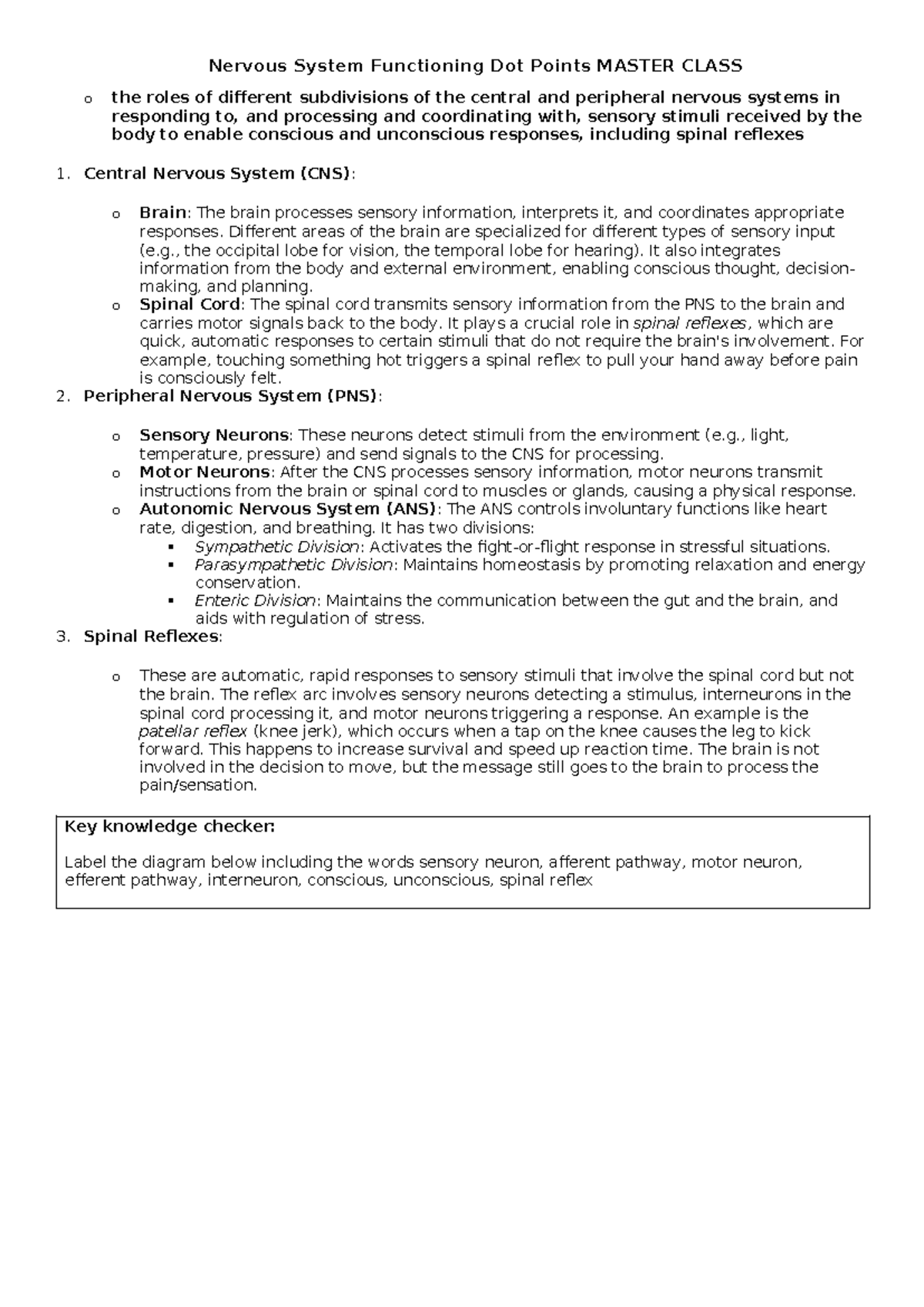 Nervous System Functioning: Master Class Notes (CNS & PNS) - Studocu