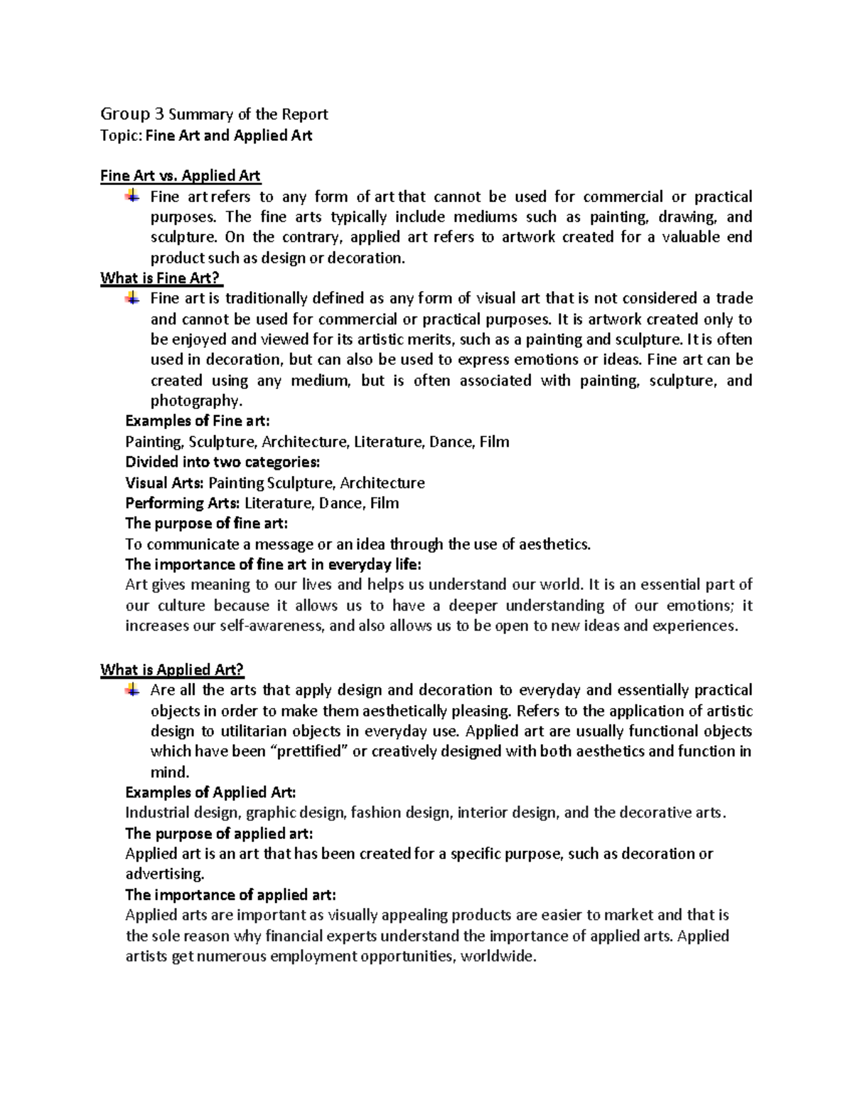 Hum101 - Learn more - Group 3 Summary of the Report Topic: Fine Art and ...