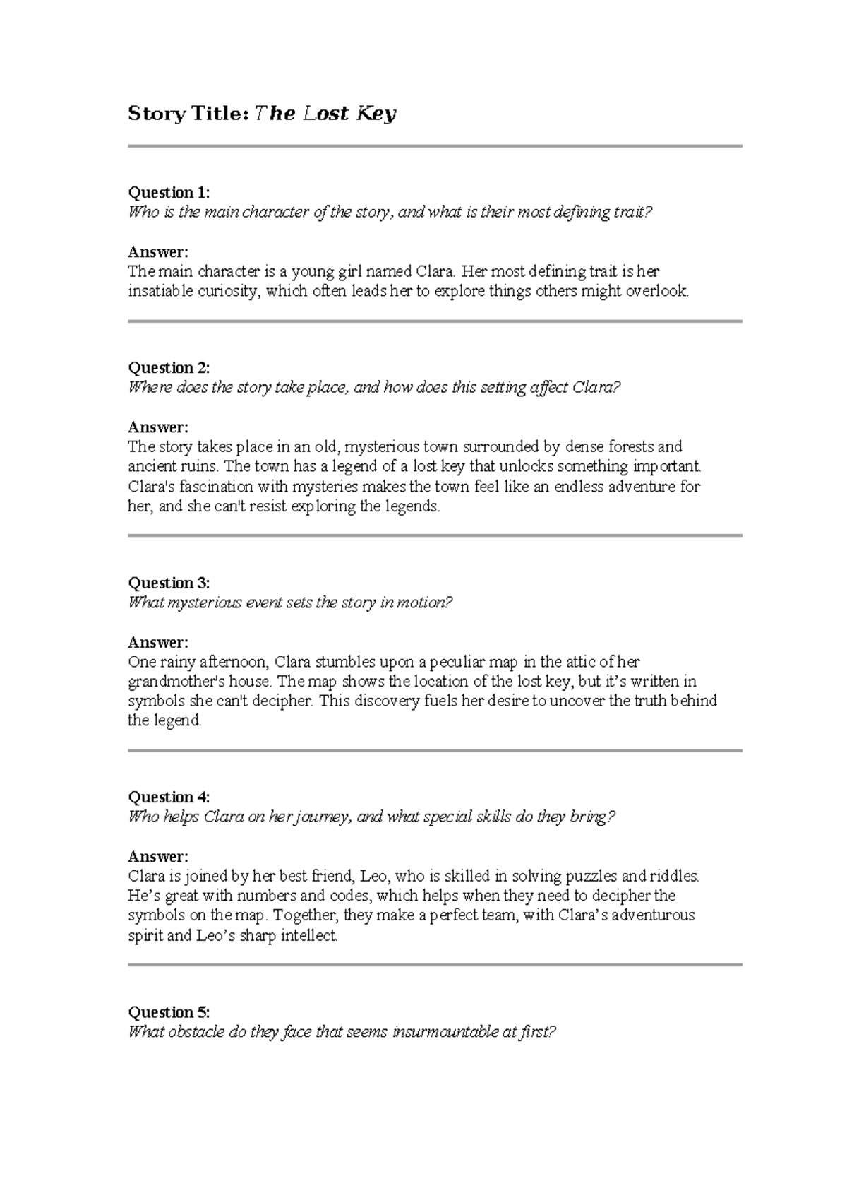 Story telling the boytix - Story Title: The Lost Key Question 1: Who is ...