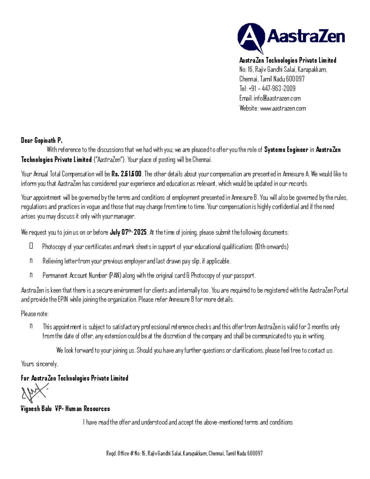 Gopinath P Systems Engineer Offer Letter - AastraZen Technologies - Studocu