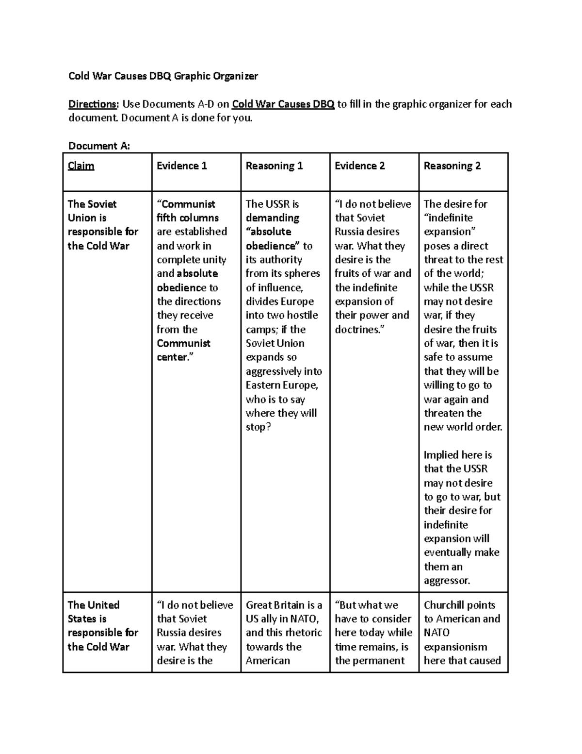 2023 Cold War Causes DBQ Graphic Organizer Analysis & Insights - Studocu