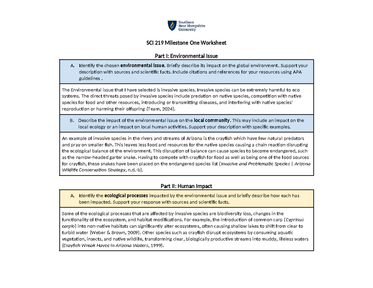 SCI 219 Milestone One: Invasive Species and Their Impact Analysis - Studocu