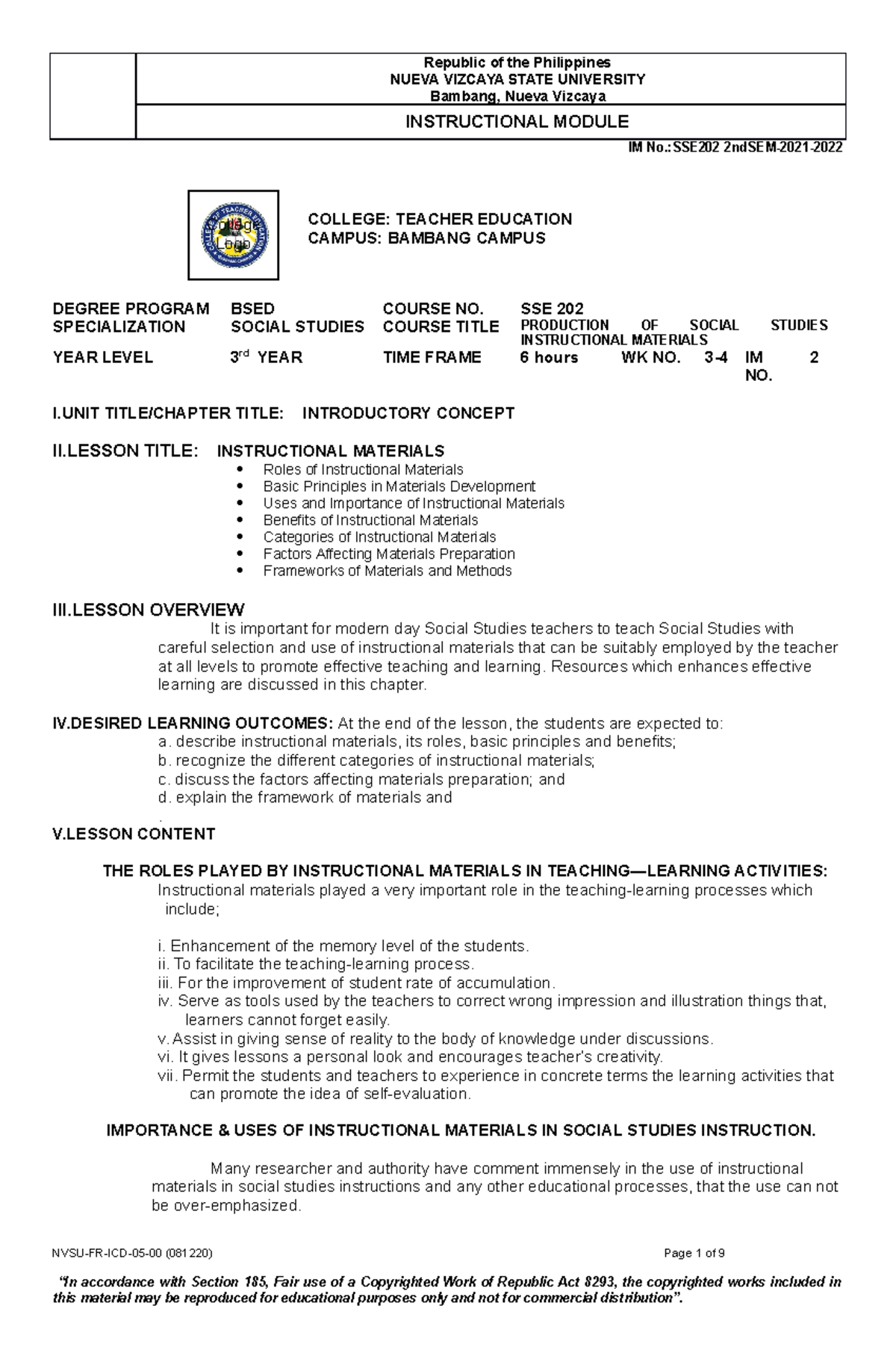 IM-2 Production OF SST Materials - NUEVA VIZCAYA STATE UNIVERSITY ...