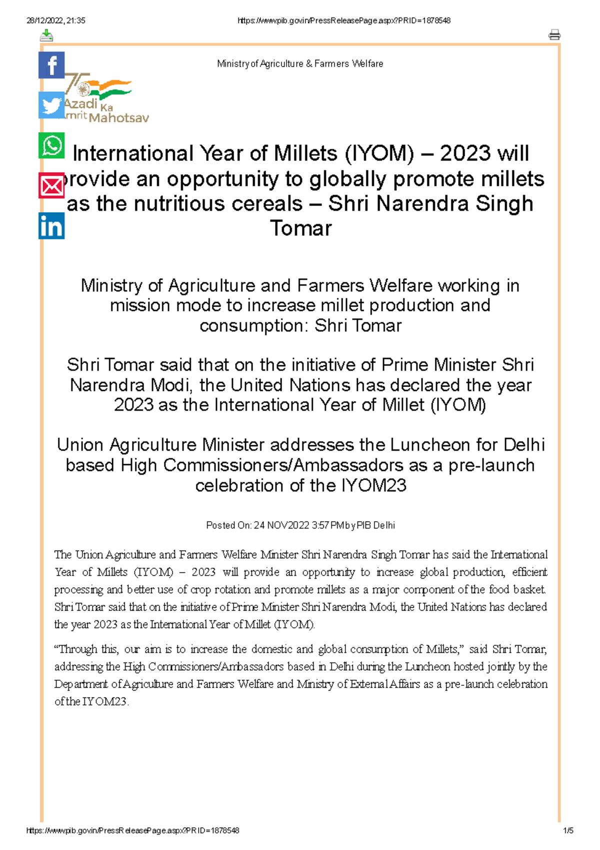 21:35 IYOM 2023: Promoting Millets for Global Nutrition and Food ...