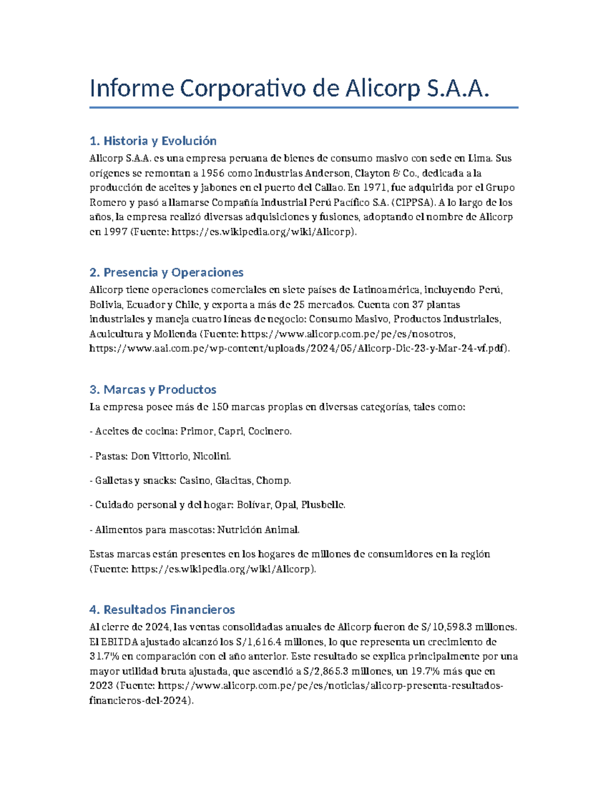 Informe corporativo de Alicorp S.A.A.: historia y evolución - Studocu