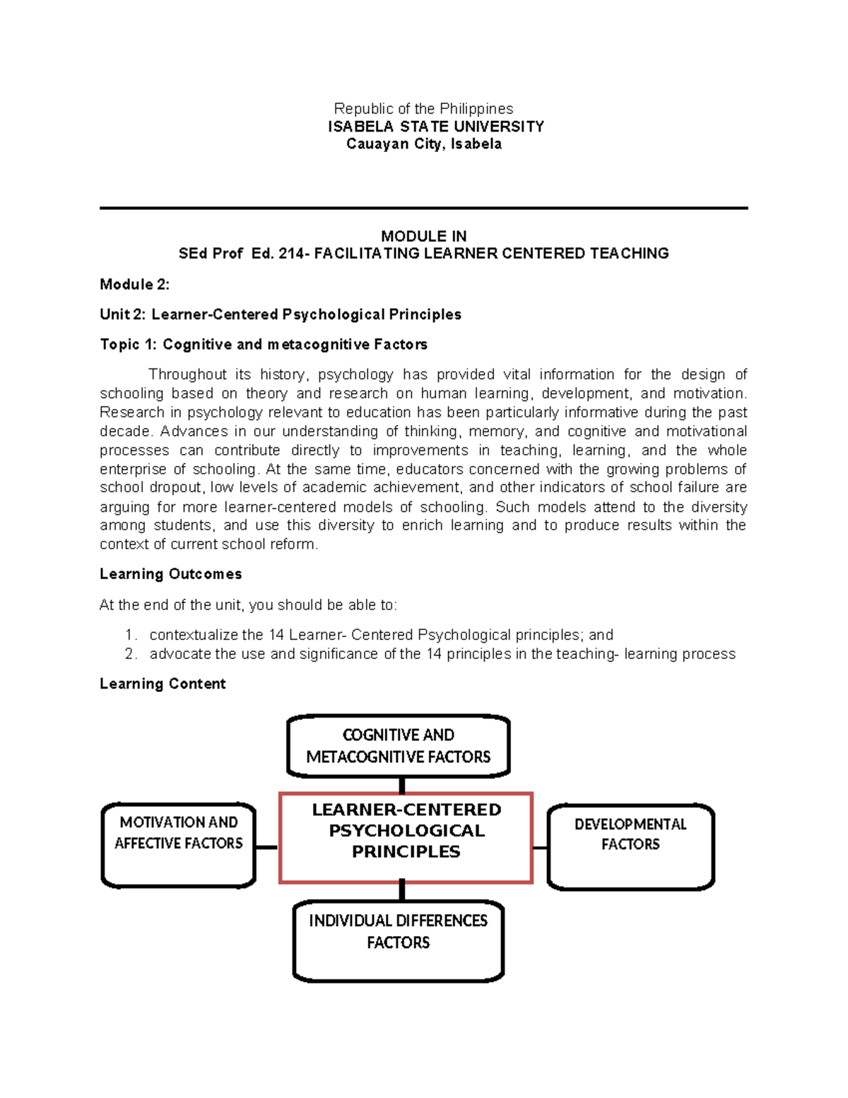 SEd Prof Ed. 214 - Module 2: Facilitating Learner-Centered Teaching ...