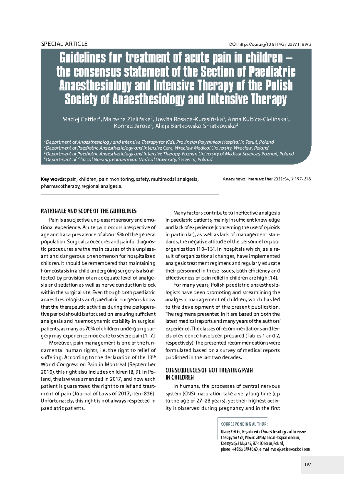 Guidelines for Acute Pain Management in Children (PED) - Studocu