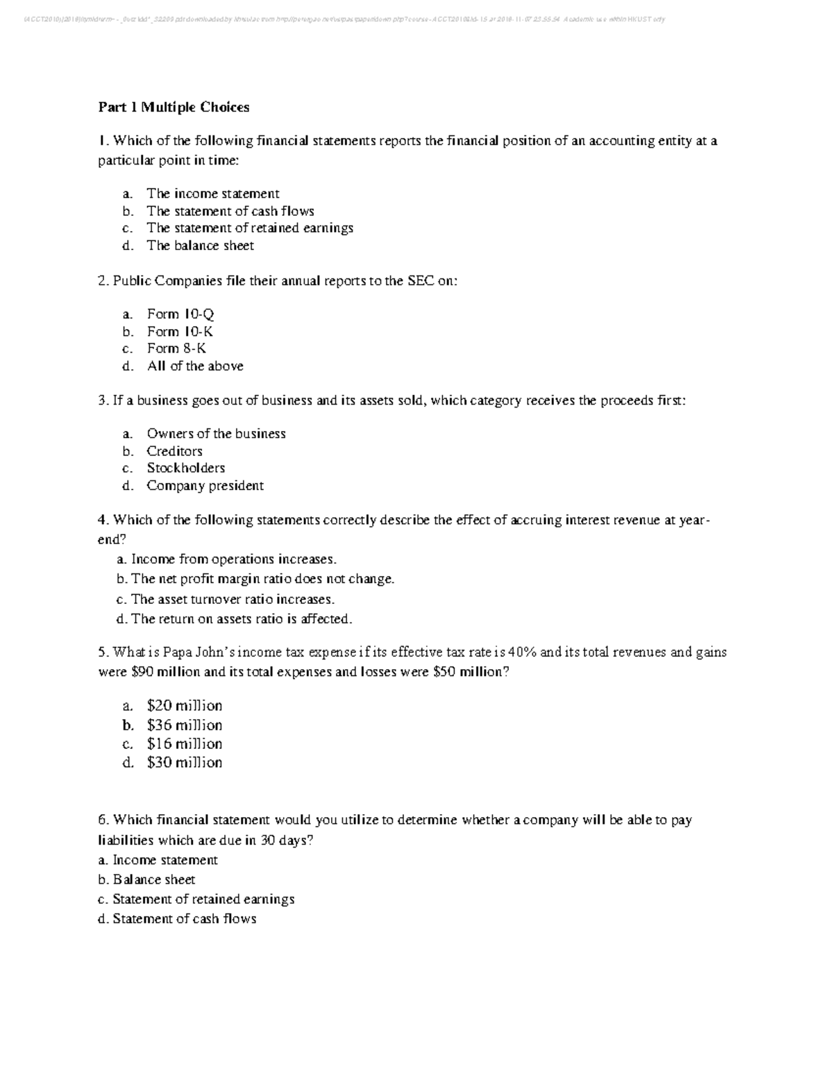 Midterm 2018: Key Questions & Journal Entries for Financial Statements ...