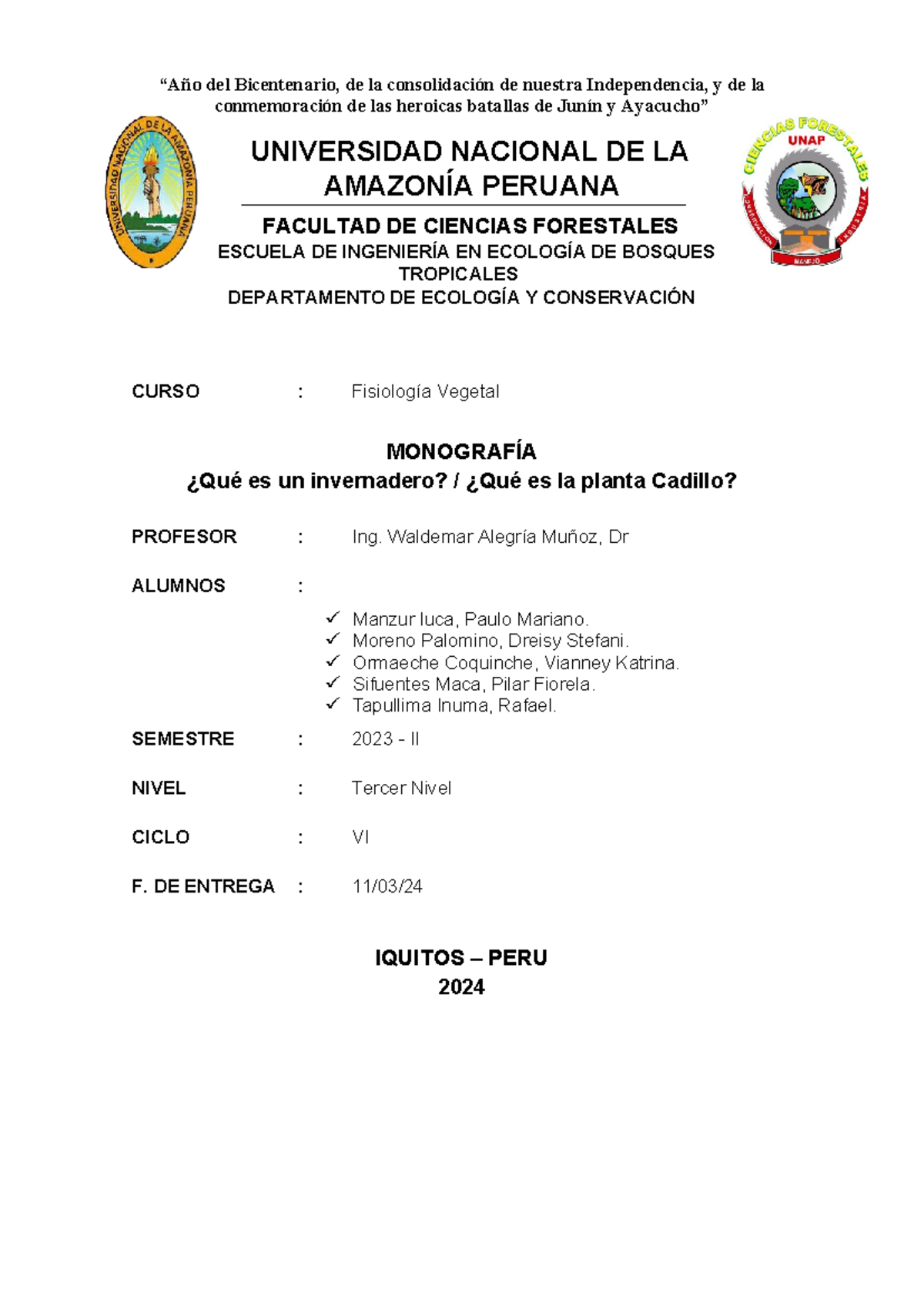 Monografía - Que es Invernadero - Qué es Cadillo - “Año del ...