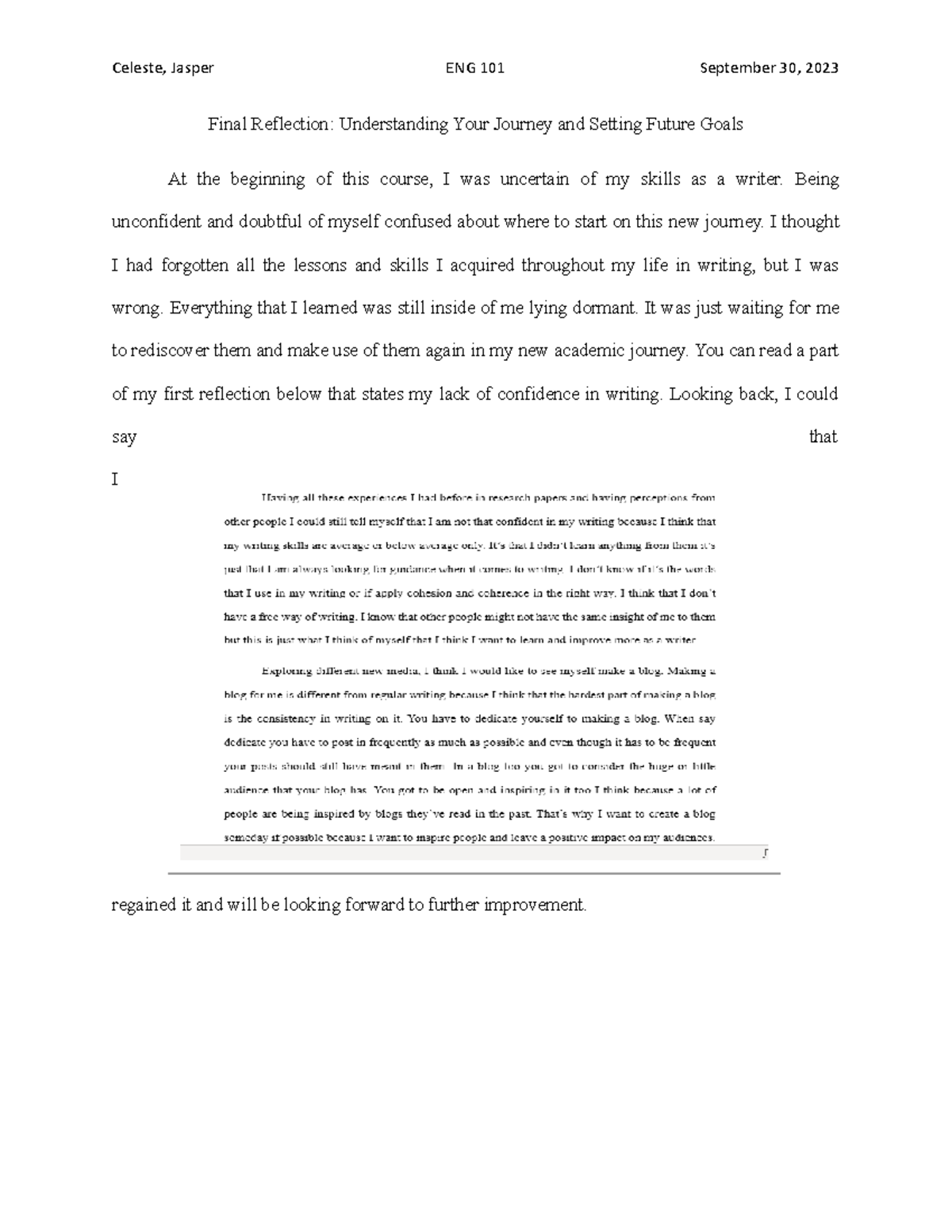 ENG 101 - Final Reflection on Writing Journey and Future Goals - Studocu