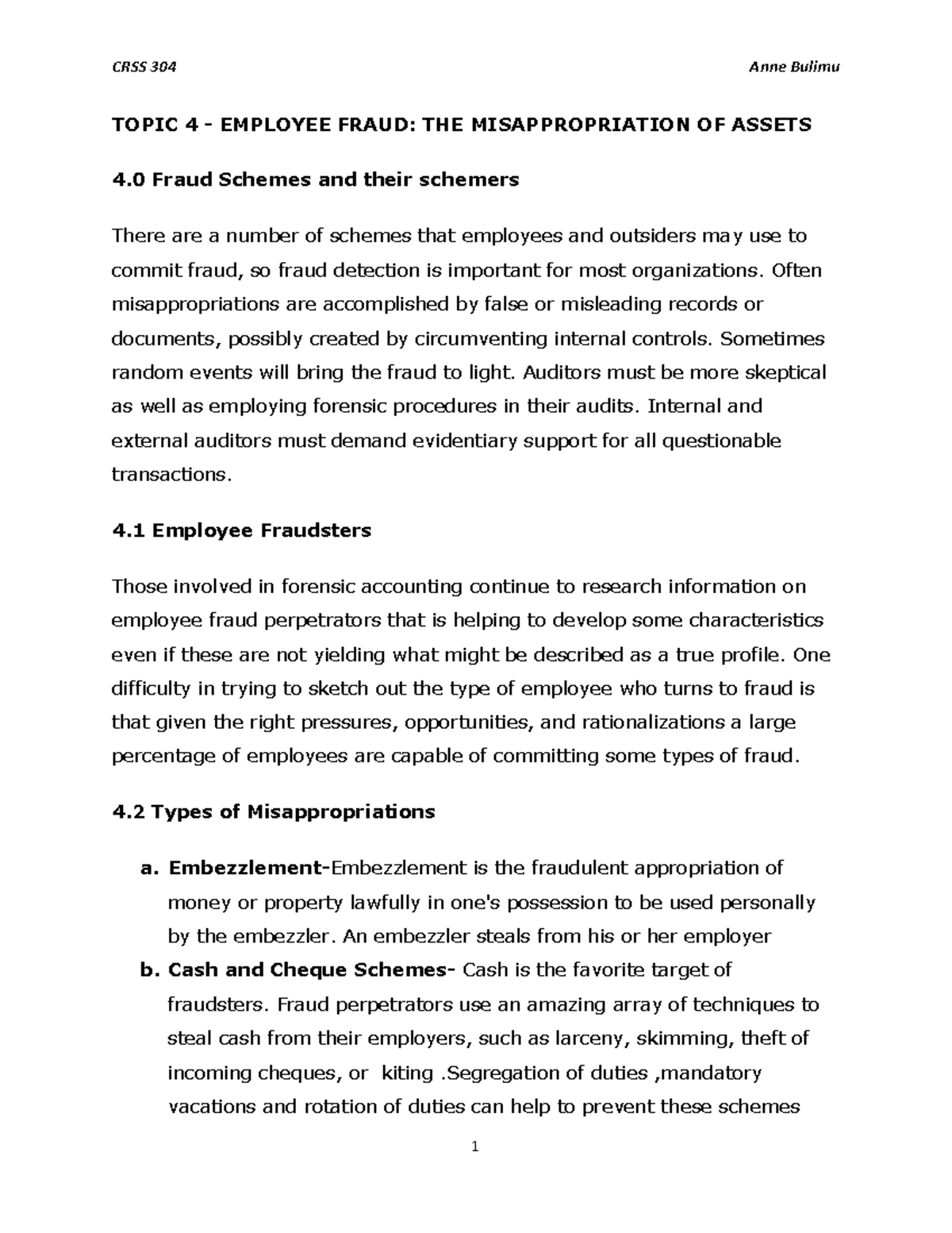 CRSS 304 Final Exam Notes: Employee Fraud & Asset Misappropriation ...