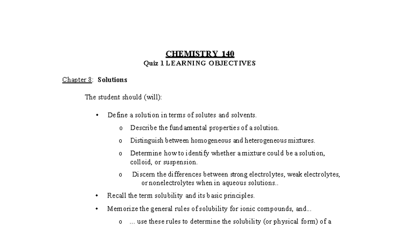 Chemistry 140: Quiz 1 Review on Solutions & Concentration Terms - Studocu