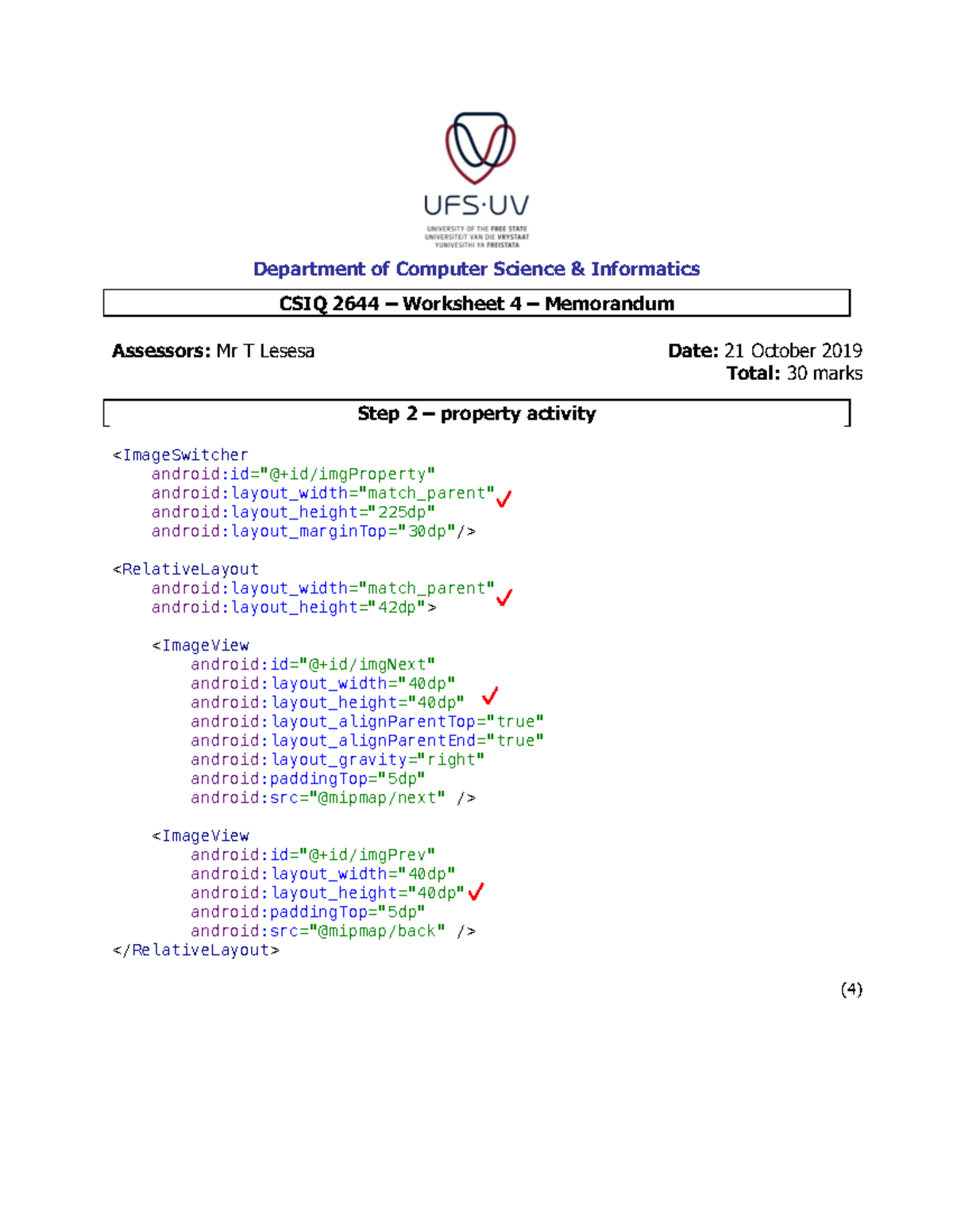 Worksheet 4 - Memorandum - Department of Computer Science & Informatics ...