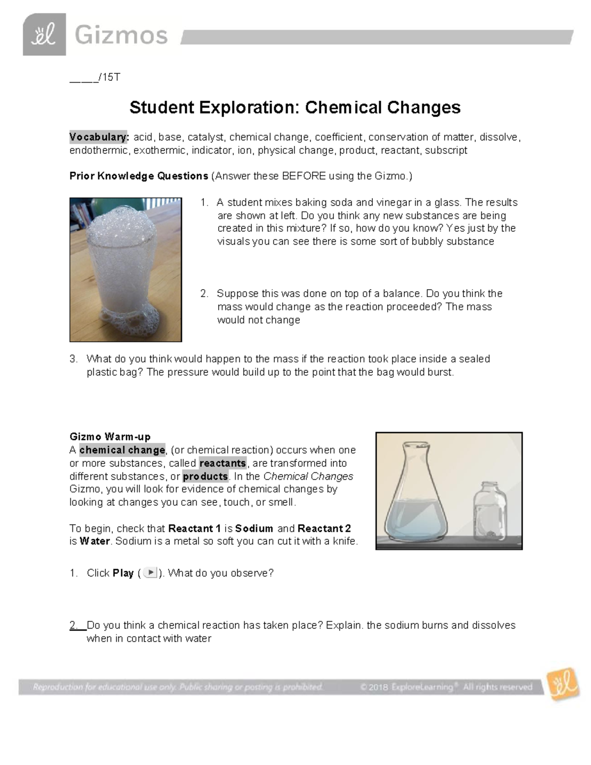 SNC1D W5 Gizmo: Exploring Chemical Changes and Reactions - Studocu