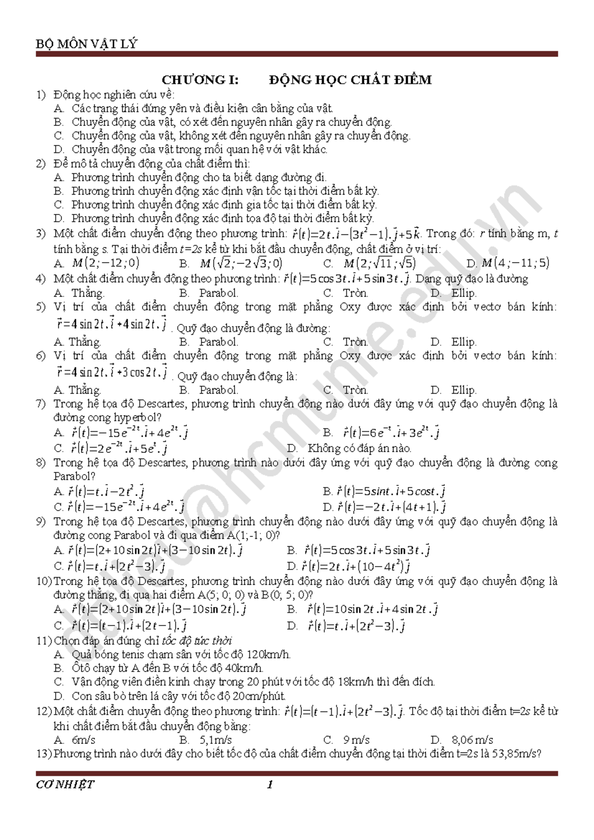 BÀI TẬP TRẮC NGHIỆM CƠ NHIỆT - BỘ MÔN VẬT LÝ CHƯƠNG I-III - Studocu