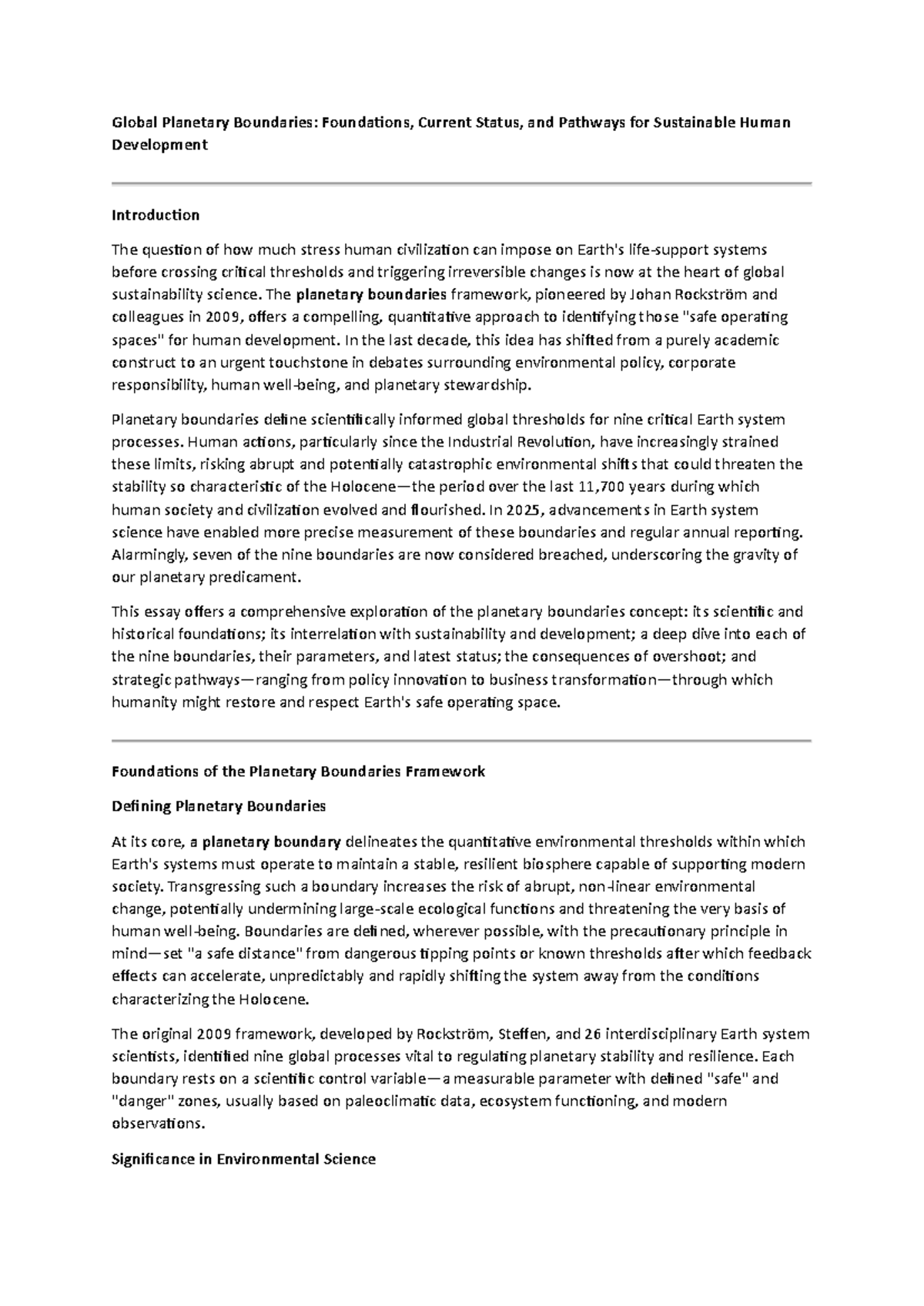 Global Planetary Boundaries: Foundations & Current Status for ...