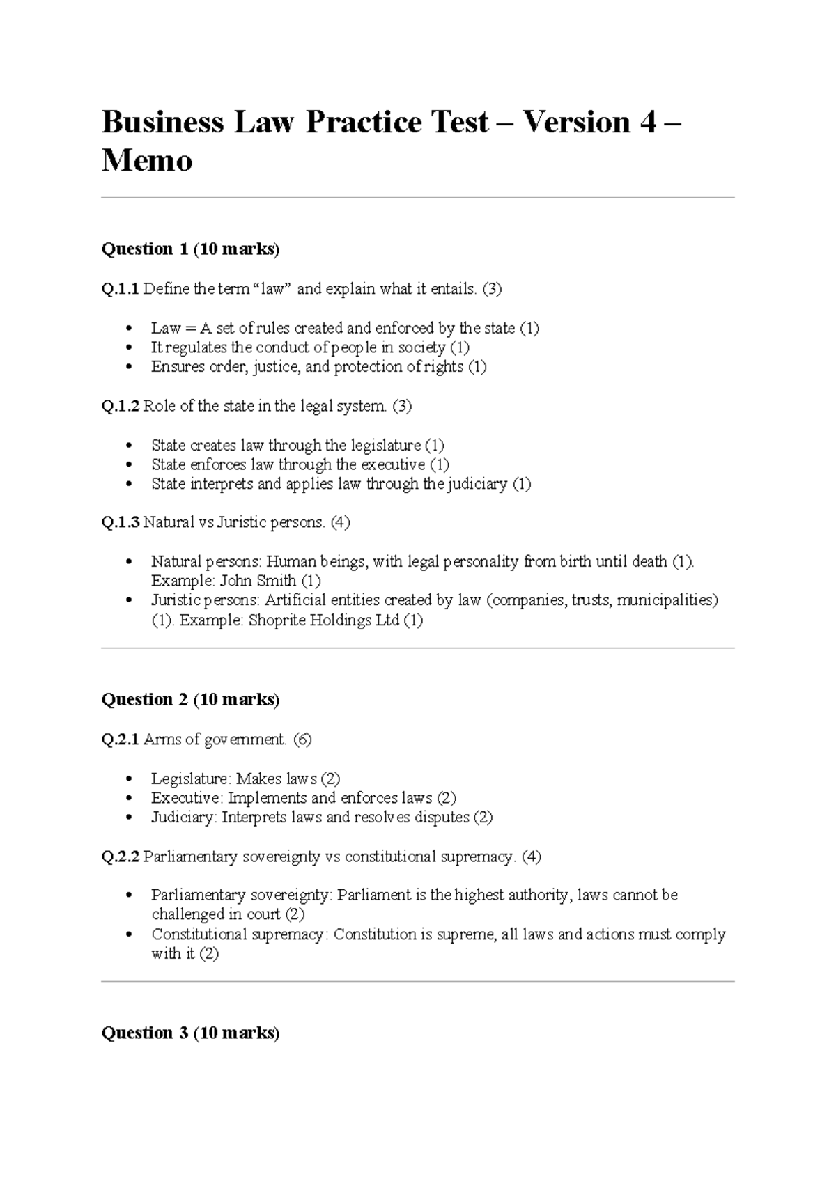 Business Law Practice Test 4 Memo: Key Concepts & Questions - Studocu