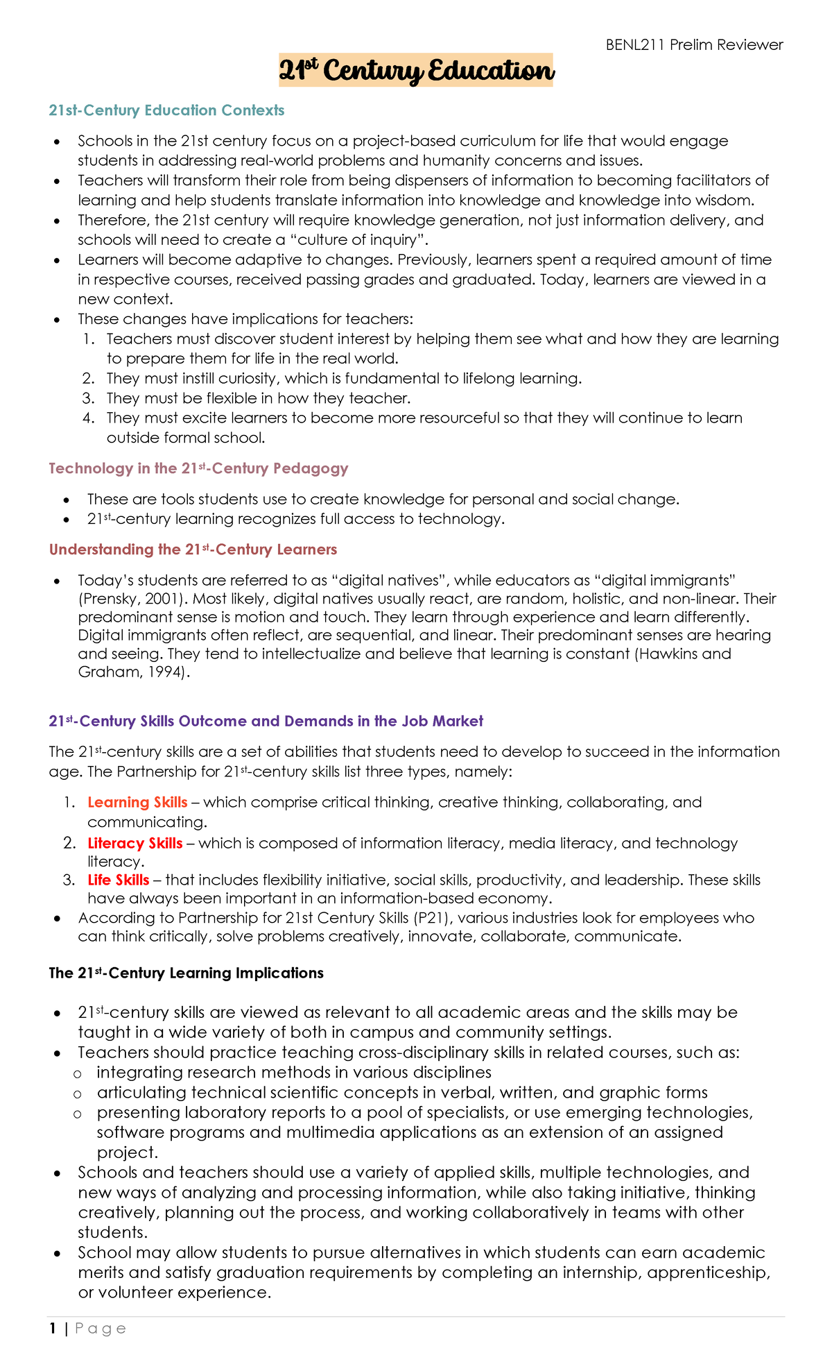 BENL211 Prelim-Finals Reviewer on 21st Century Education Concepts - Studocu