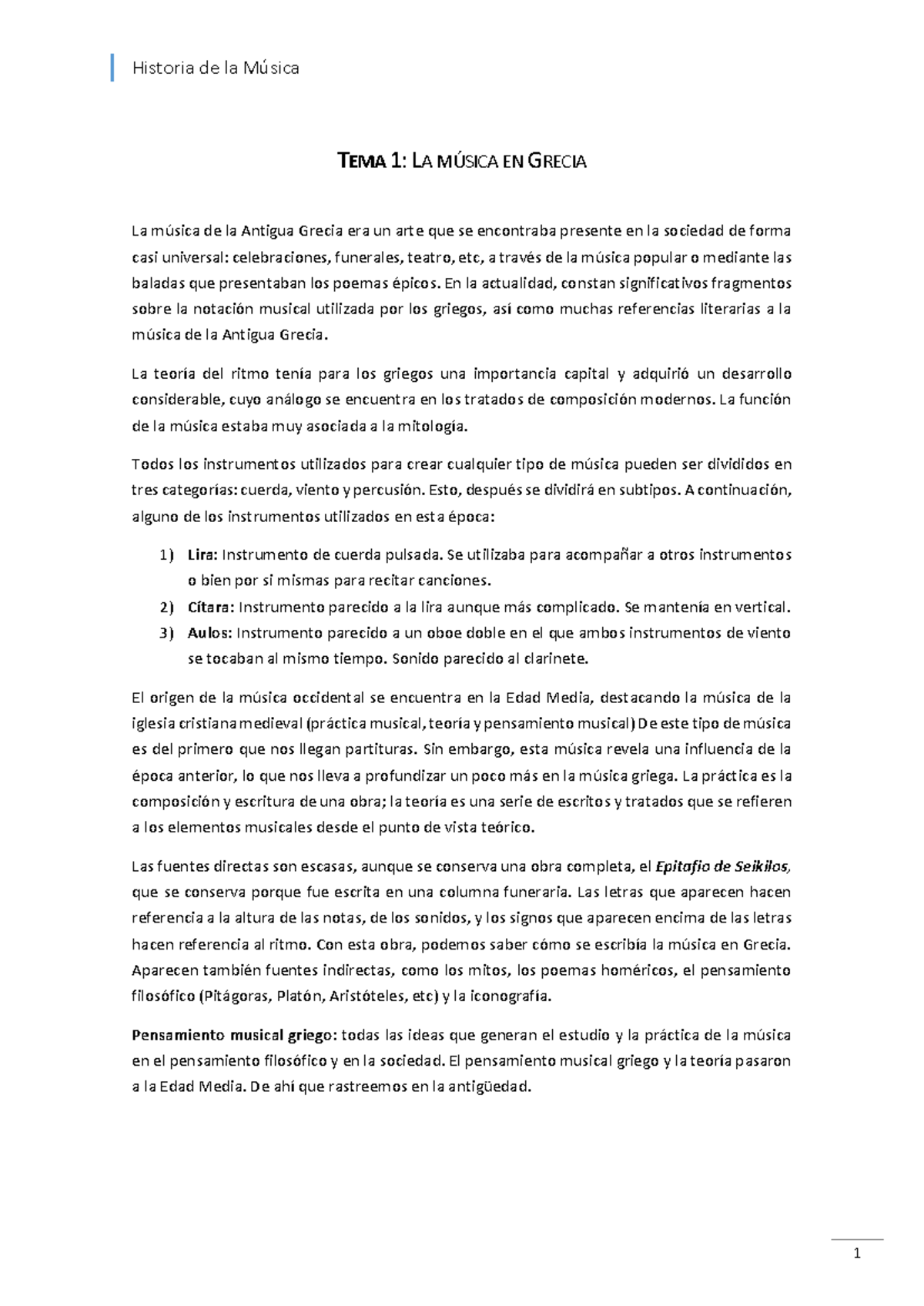 Apuntes completos, Curso 3 Historia de la musica - TEMA 1 : LA MÚSICA ...