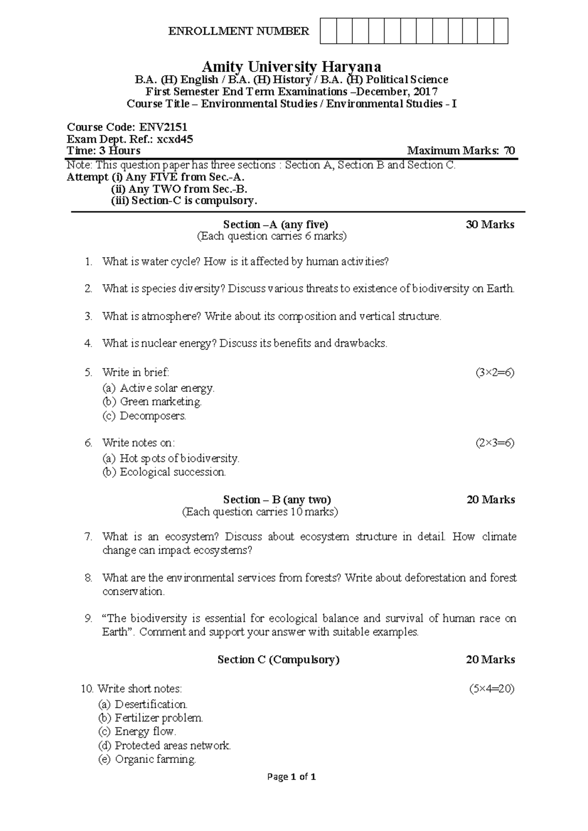 BA (H) English, History, Pol Sci I Environmental Studies Exam 2017 ...