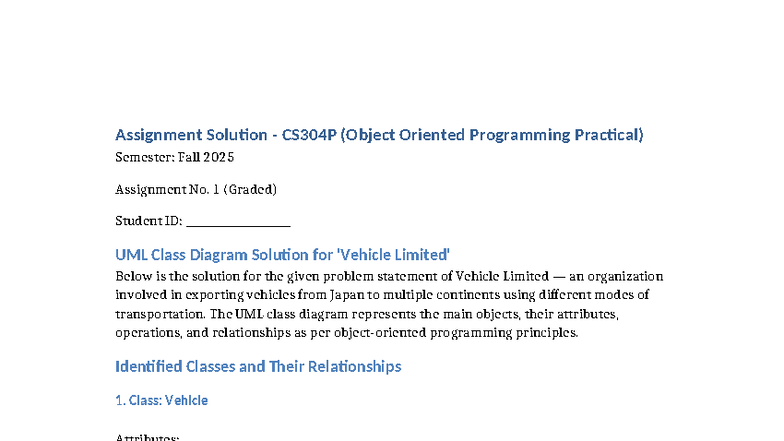 CS304P Assignment 1: UML Class Diagram for Vehicle Transport - Studocu