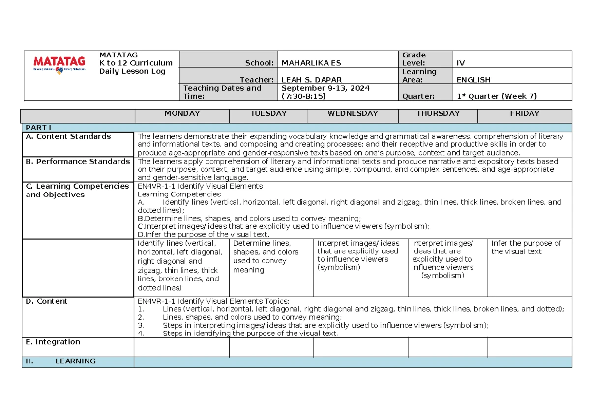 Matatag DLL Week 7 G4: Paggamit ng Spreadsheet Software sa EPP 4 - Studocu
