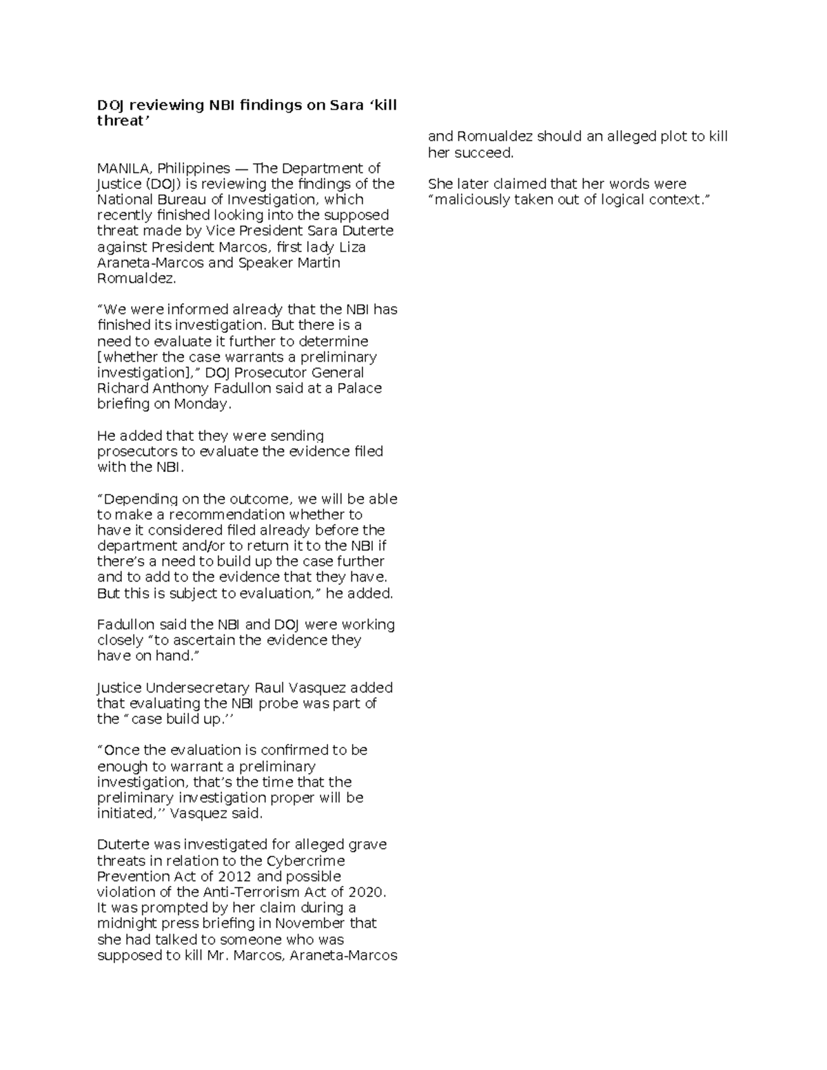 DOJ reviewing NBI findings on Sara - “We were informed already that the ...