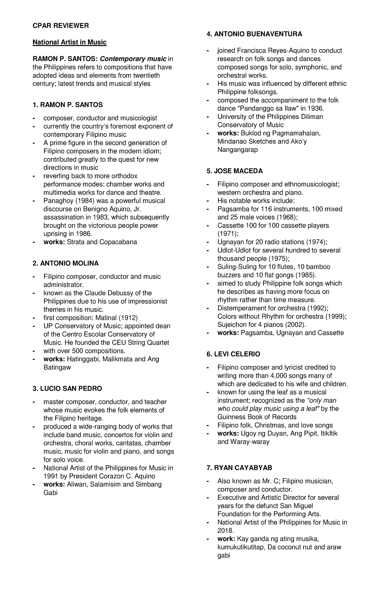 CPAR - Reviewer on National Artists in Music, Dance, & Theater - Studocu