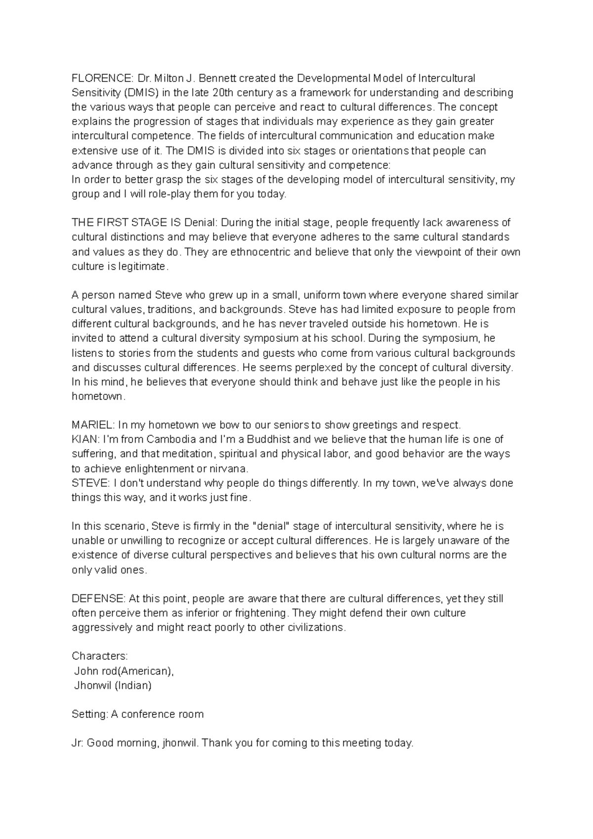 Copy of Copy of Roleplay Script - FLORENCE: Dr. Milton J. Bennett ...