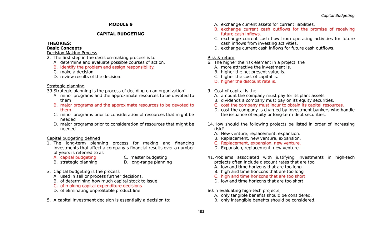 Capital budgeting - MODULE 9 CAPITAL BUDGETING THEORIES: Basic Concepts ...