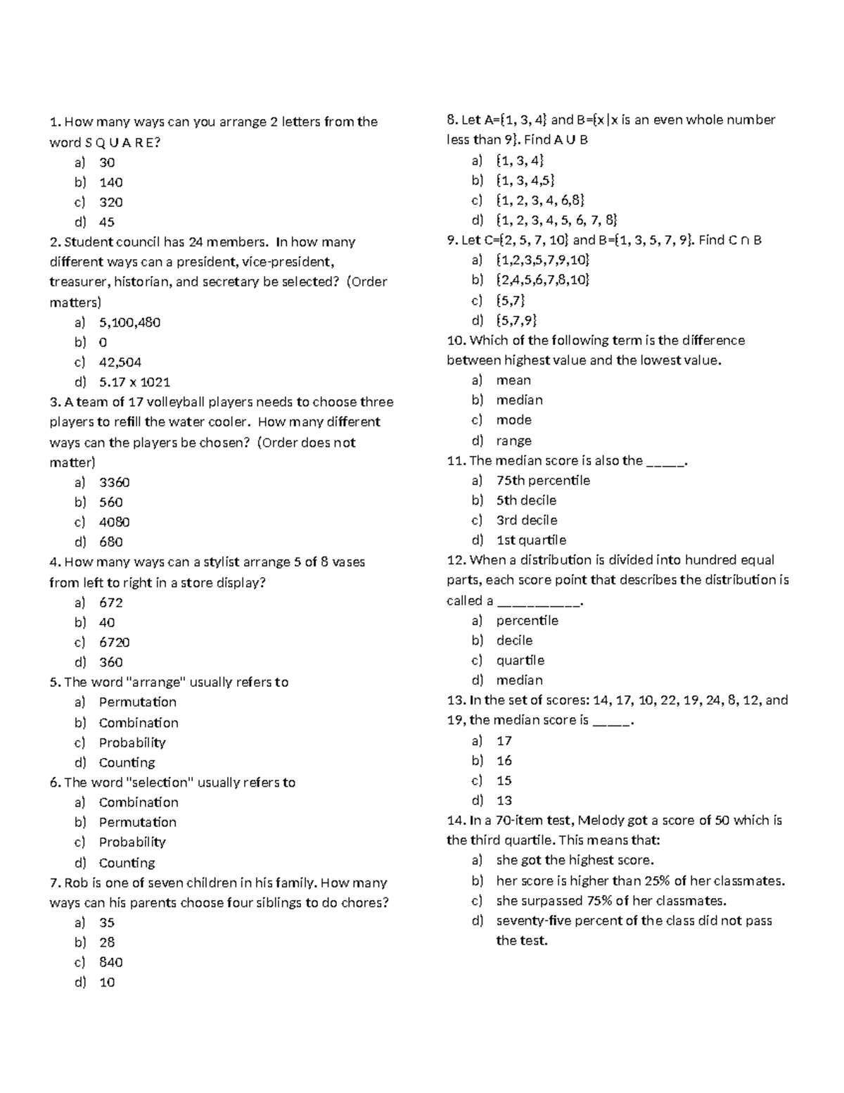 Exam - Notes on Combinatorics and Statistics (MATH 101) - Studocu