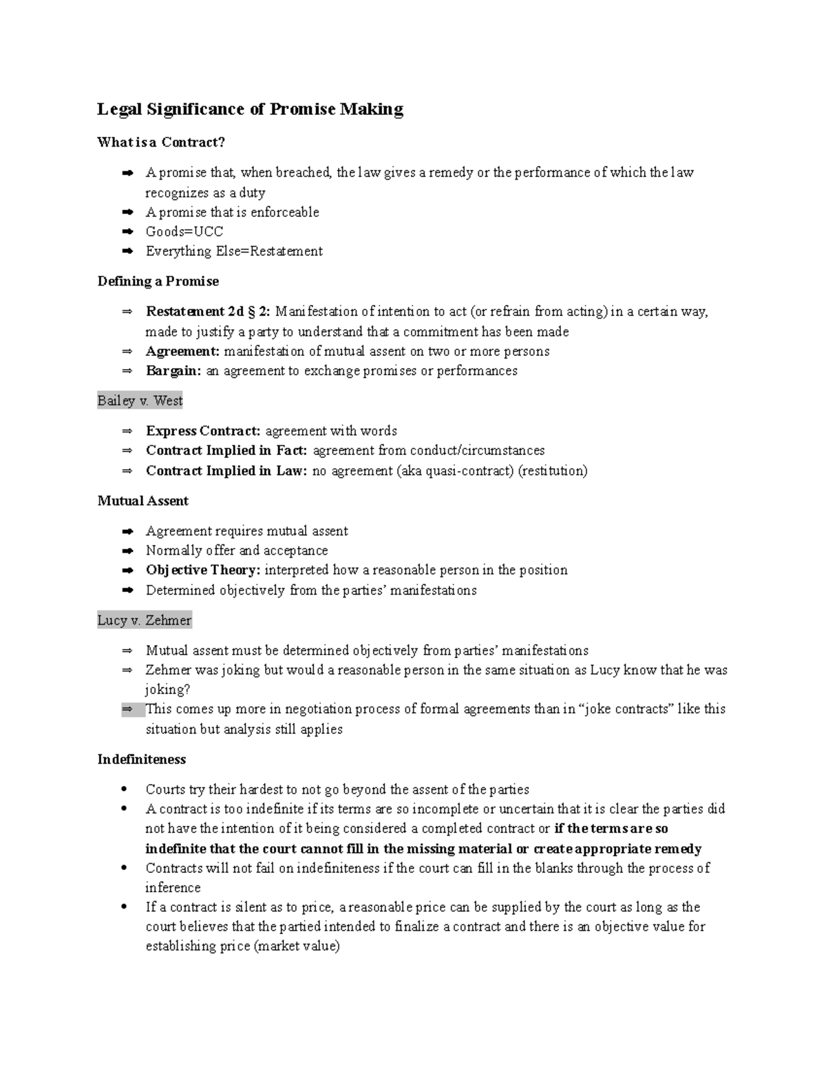 Contracts Outline: Legal Significance of Promise Making and Enforcement ...