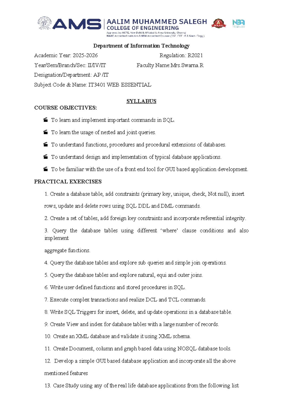 IT3401 DBMS Lab Practical Exercises and Course Objectives - Studocu