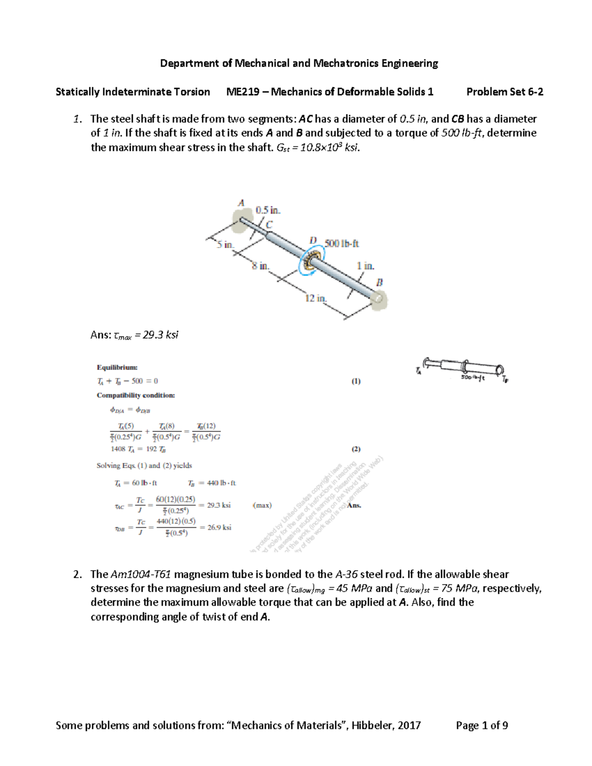 ME219 Mechanics of Deformable Solids Problem Set 6-2 Solutions - Studocu