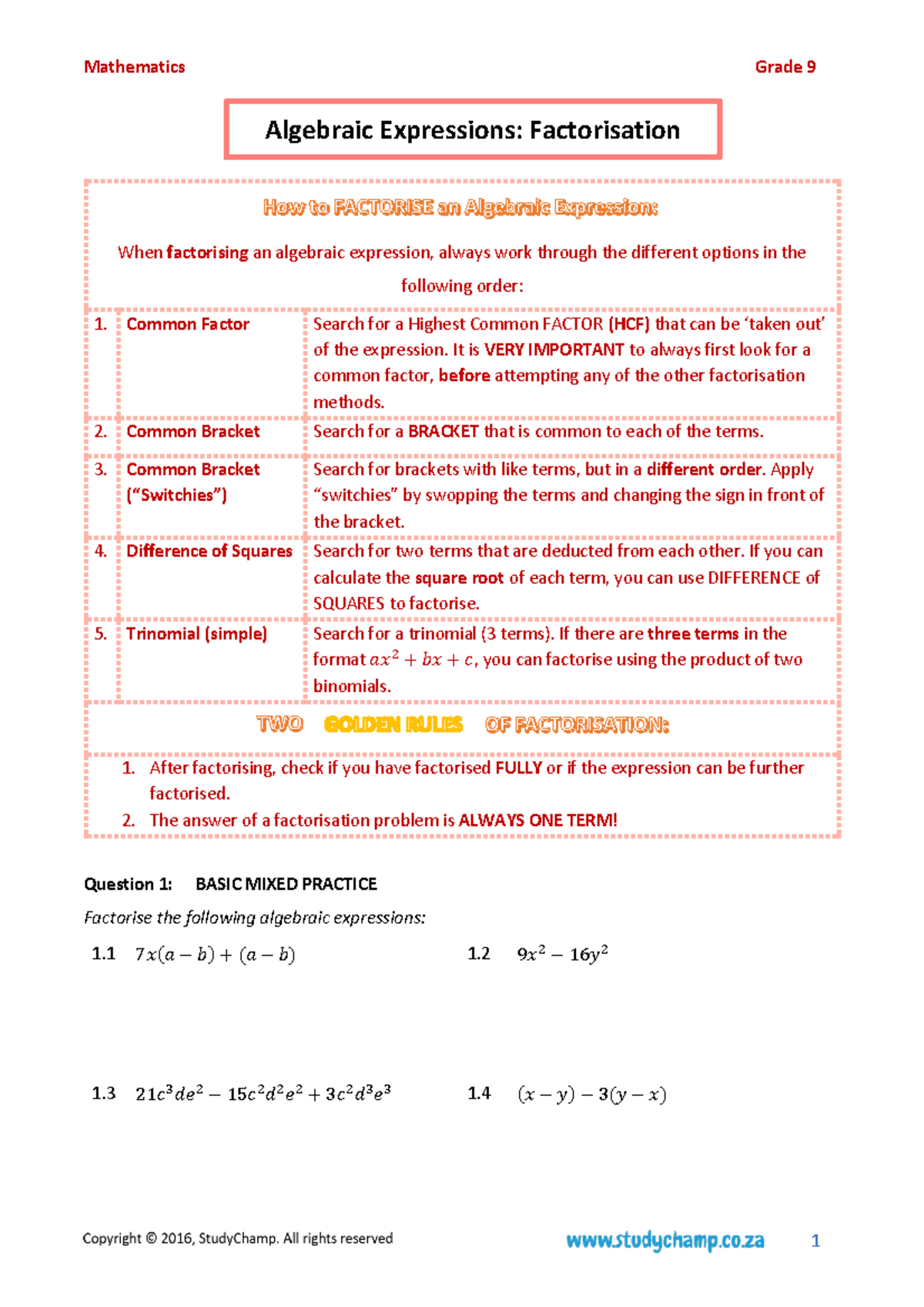 Gr9 Maths Factorisation: Comprehensive Practice & Memo - Studocu