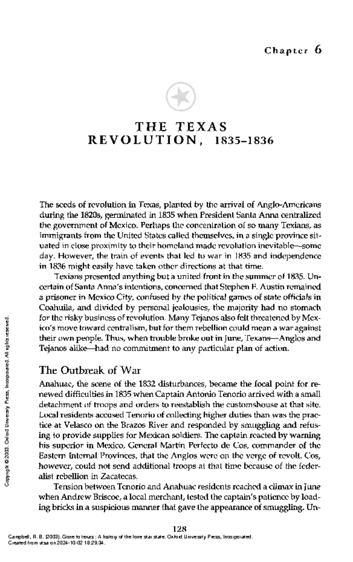Texas Revolution Overview: Events, Key Figures, and Battles (HIST 101) - C h a p t e r 6 T H E T ...
