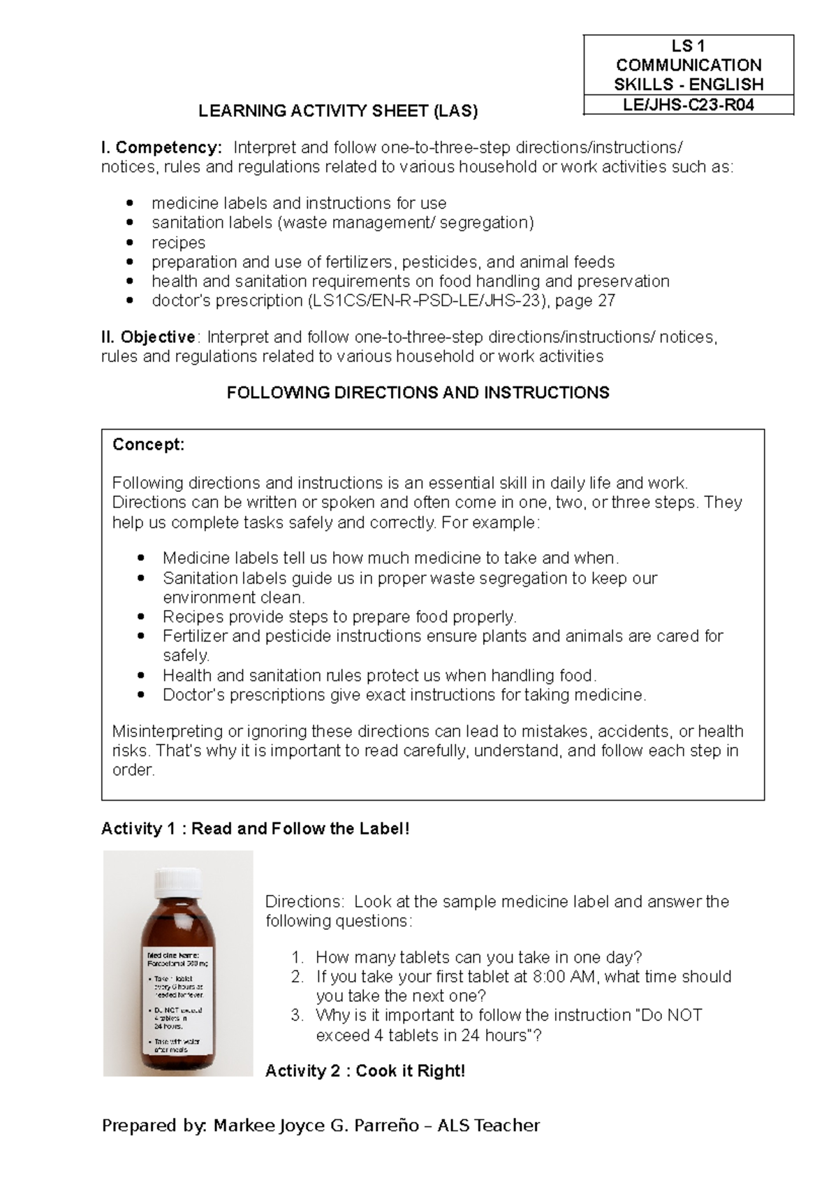 LEARNING ACTIVITY SHEET (LAS) LS 1: Following Directions in English I ...