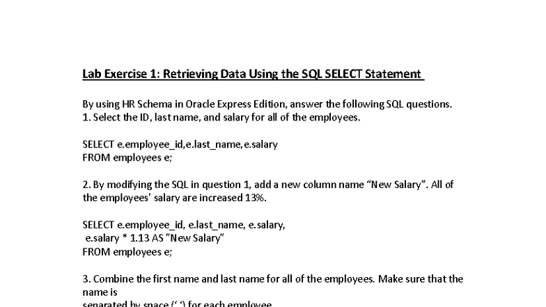 Lab Exercise 1: SQL SELECT Statement with HR Schema - ICT501 - Studocu