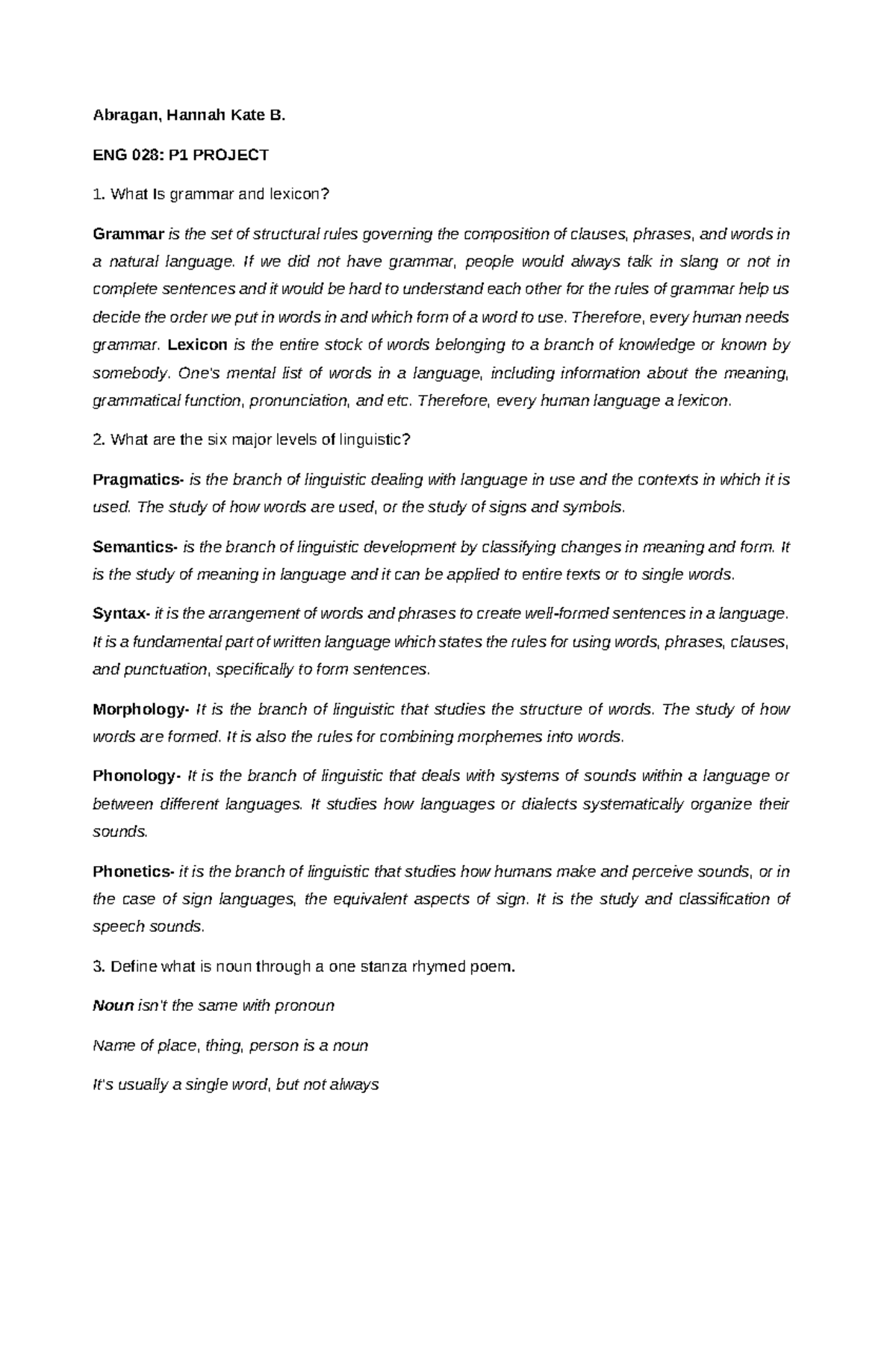 ENG 028 - P1 PROJECT - Abragan, Hannah Kate B. ENG 028: P1 PROJECT What Is grammar and lexicon ...