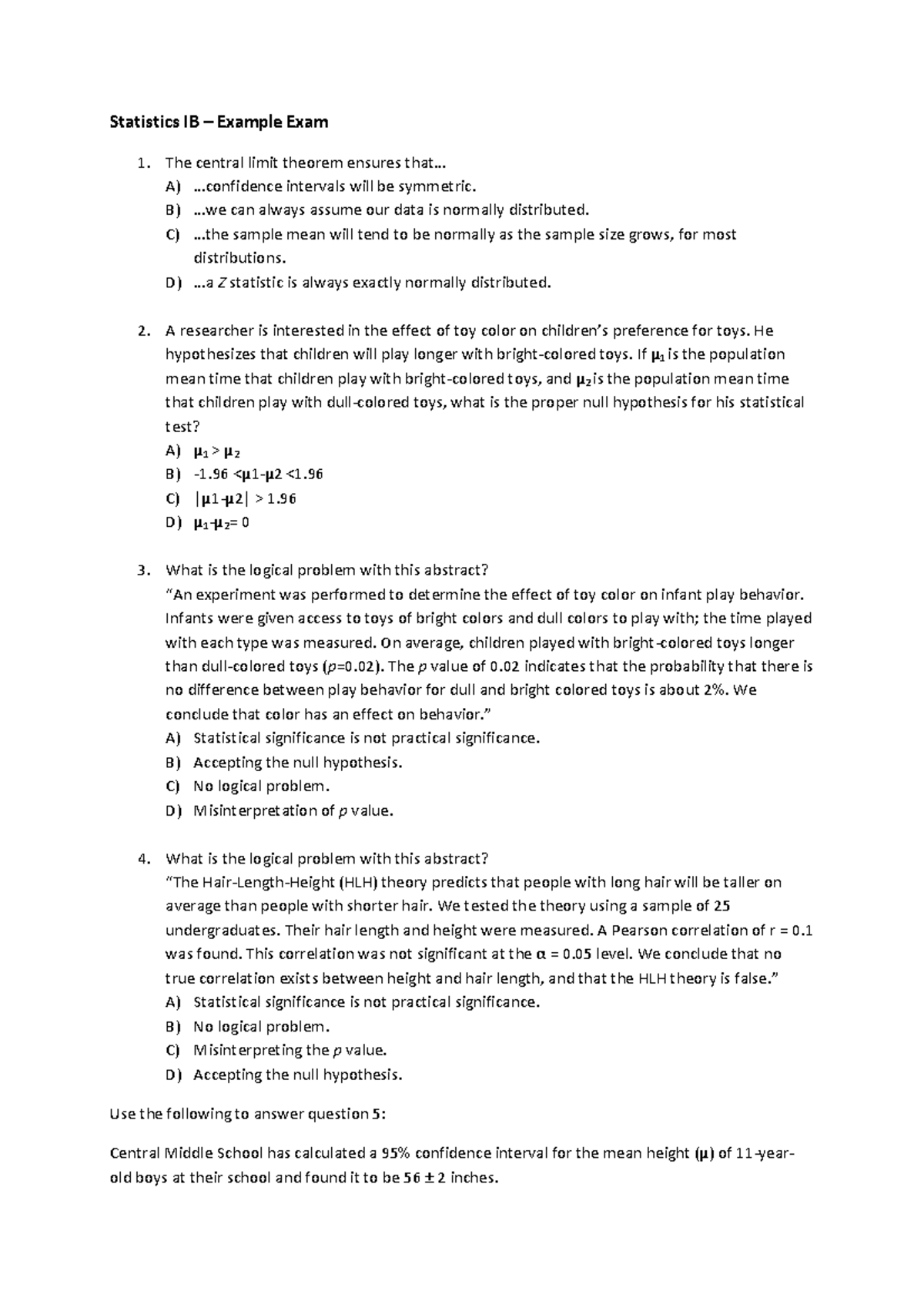 Statistics IB - Practice Exam Questions and Answers (2012) - Studeersnel