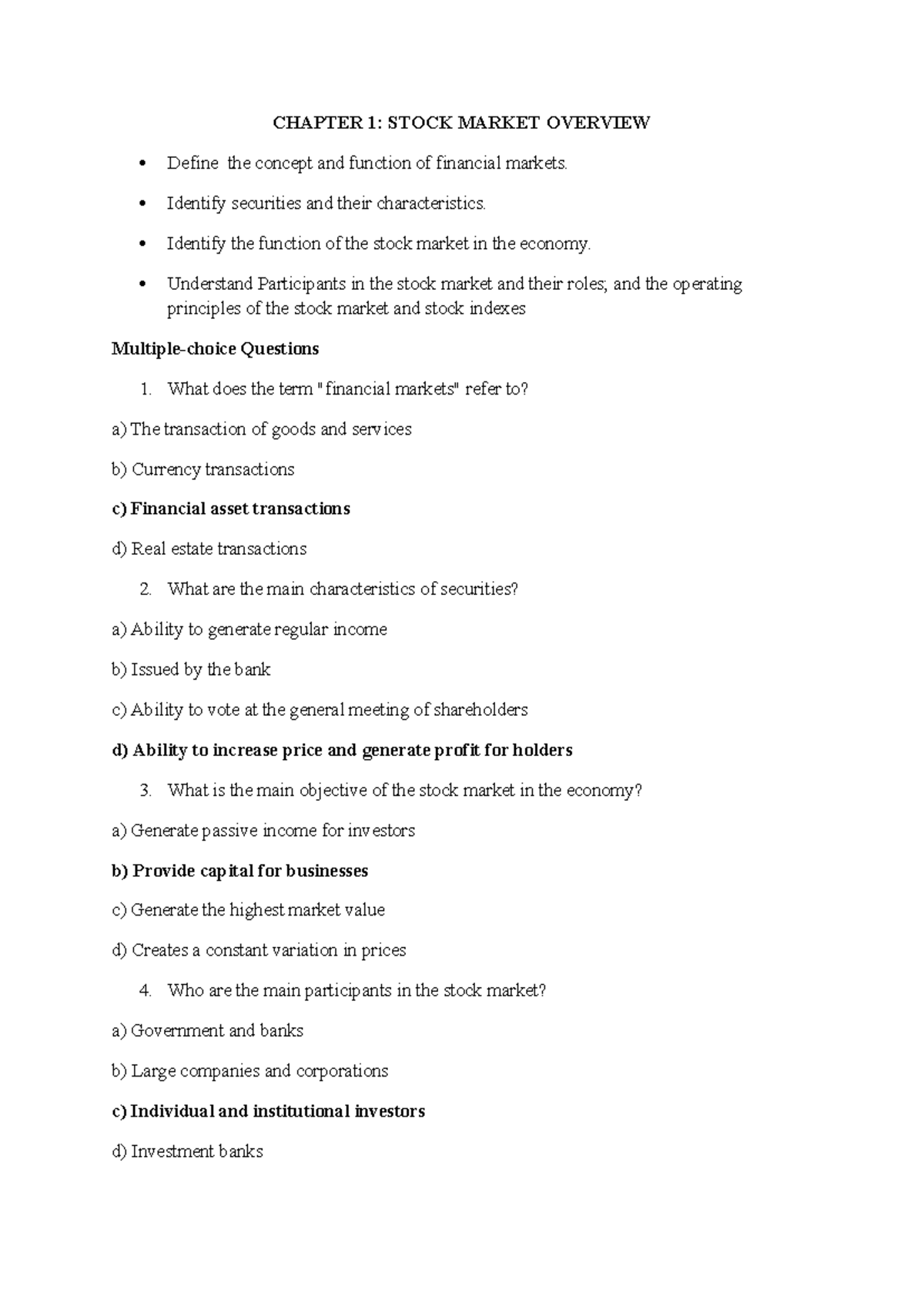 CHAPTER 1: STOCK MARKET OVERVIEW - Key Concepts and Functions - Studocu