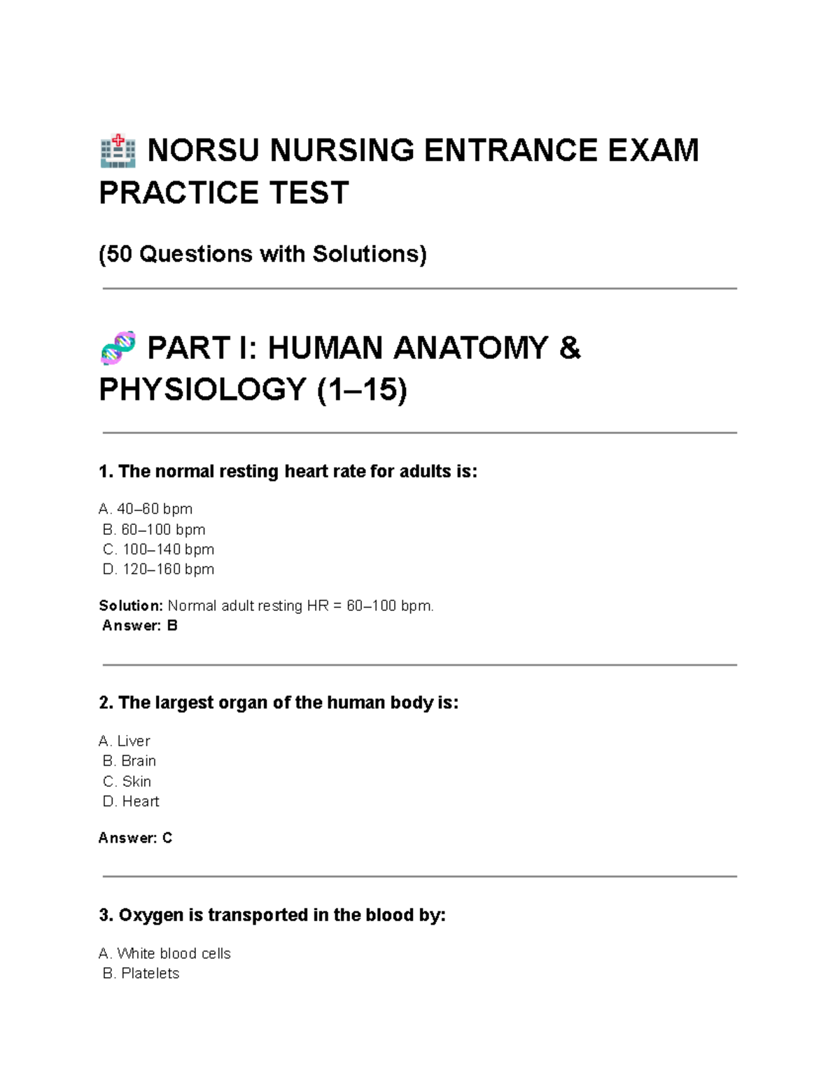 NURS 101: Nursing Entrance Exam Practice Test - Human Anatomy & Math ...