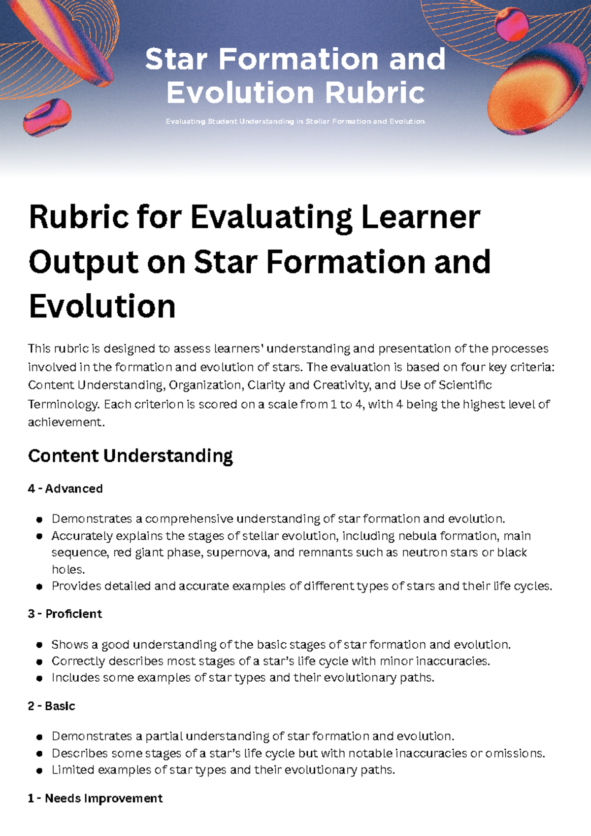 Star Formation and Evolution Rubric (Course Code: SFE 101) - Studocu