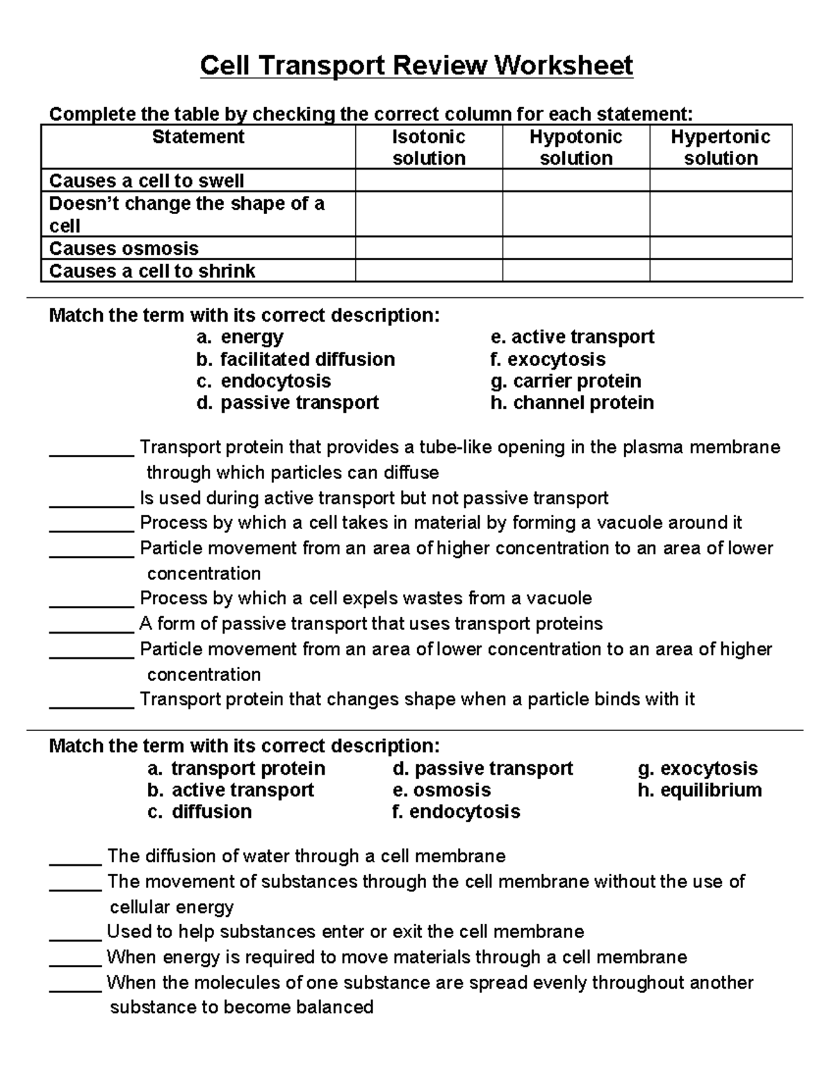 Cell Transport Review Worksheet - Cell Transport Review Worksheet ...