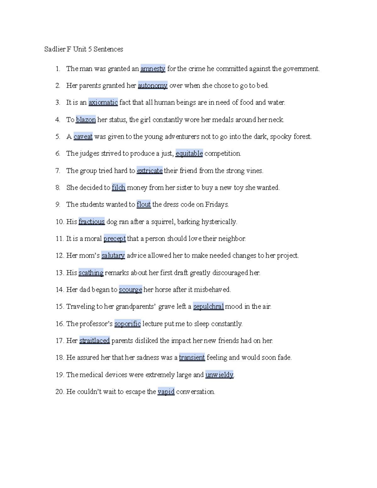 Sadlier F Unit 5 Sentence Practice Exercises - Studocu